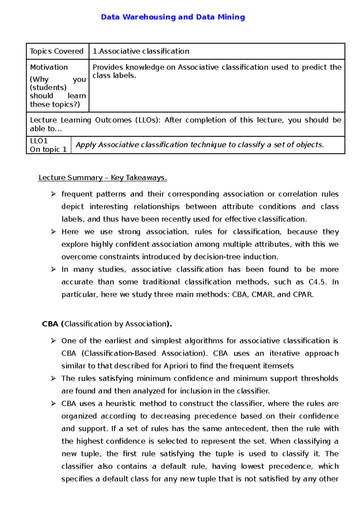 Associative Classification Lecture Learning Outcomes Llos After Completion Of This Lecture