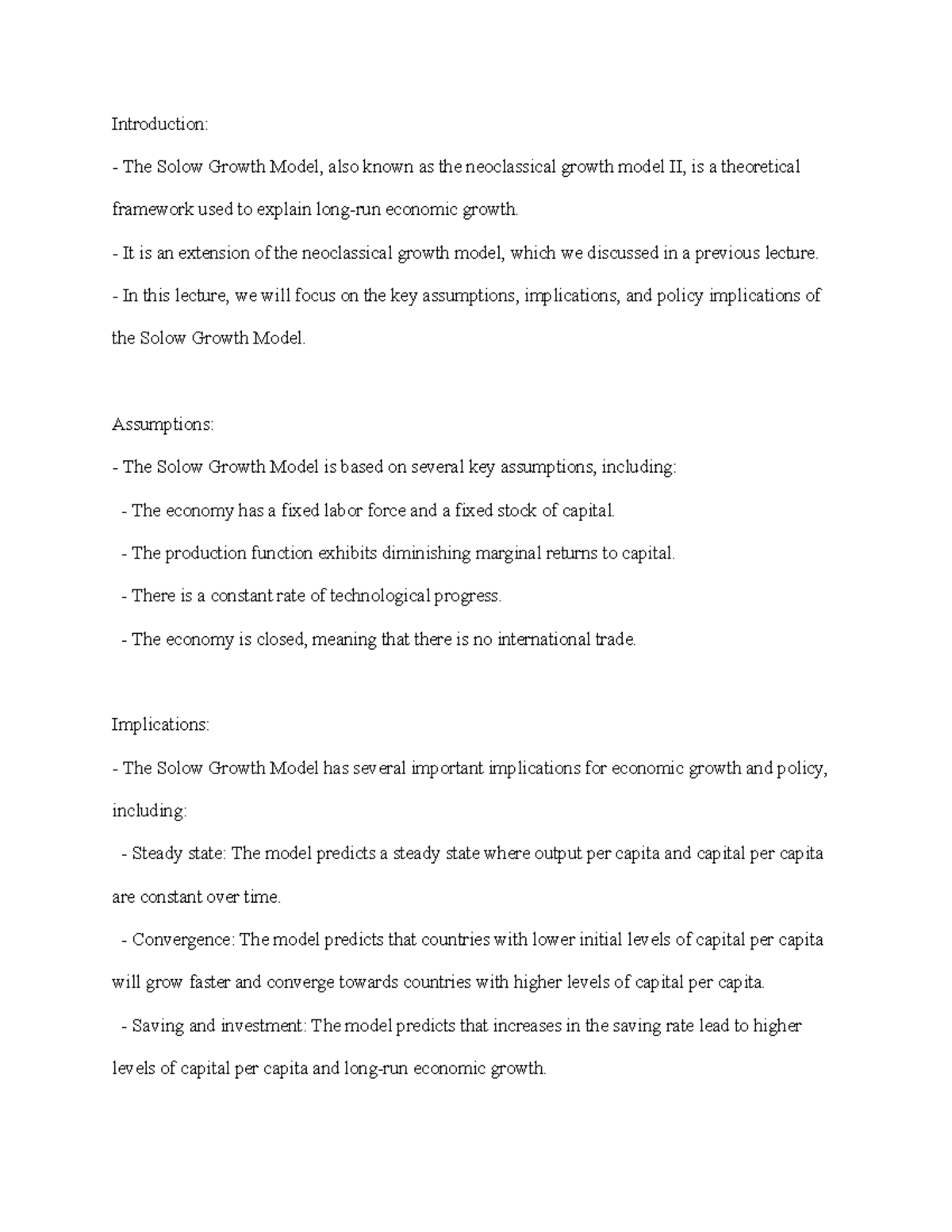 Neoclassical Growth Model II, Solow Growth Model Lecture Notes ...