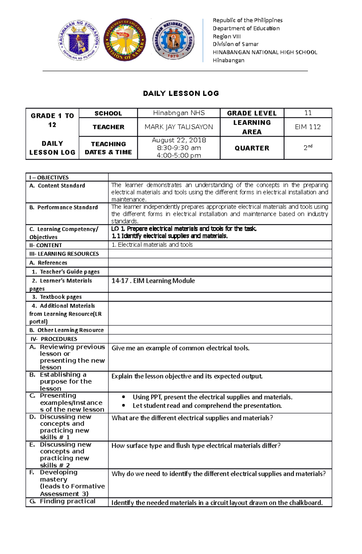 8 - daily lesson log - Republic of the Philippines Department of Education Region VIII Division ...