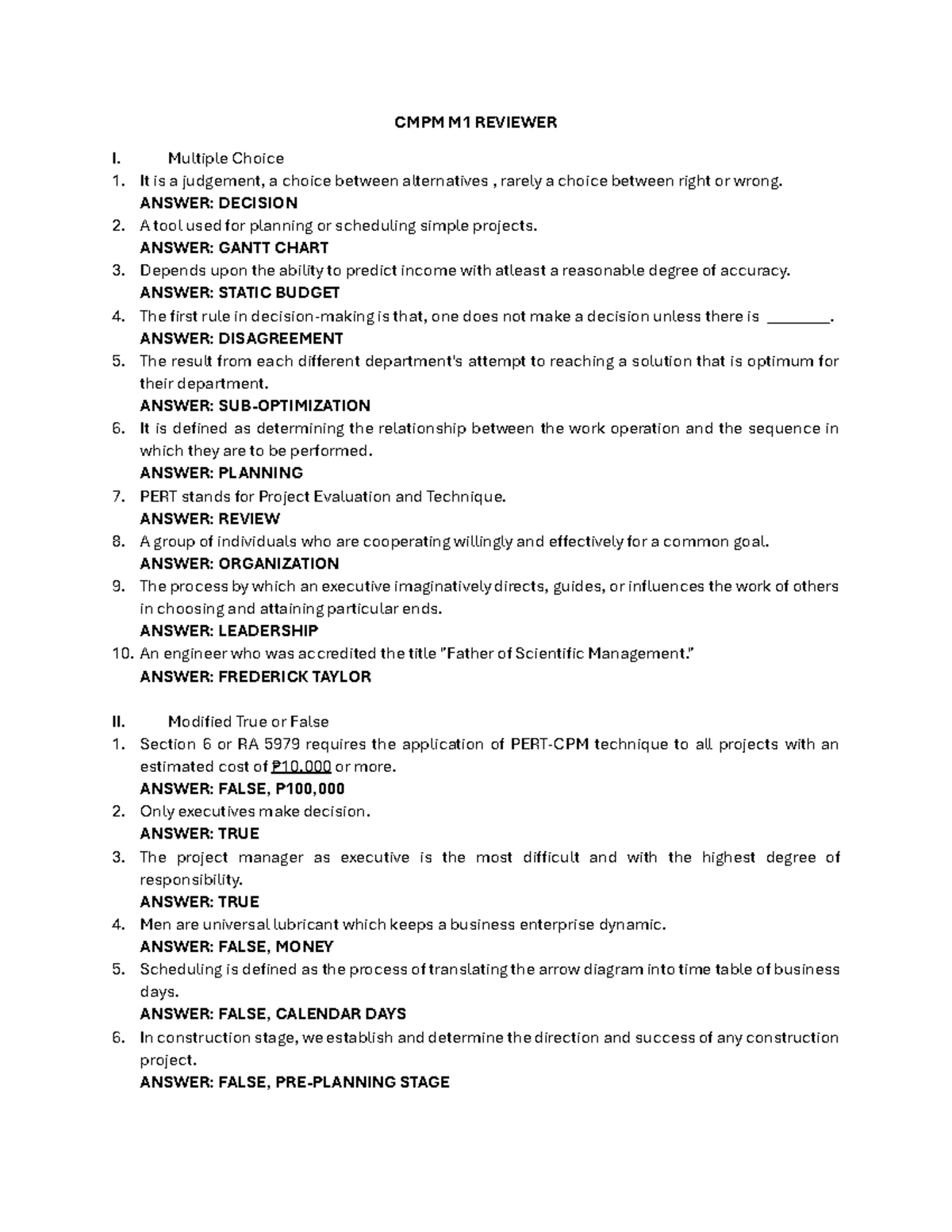 CMPM M1 Reviewer - CMPM M1 REVIEWER I. Multiple Choice It is a ...