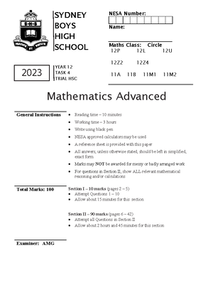 HSC Mathematics Advanced Year 12 Question and Answer Booklet 2022 ...
