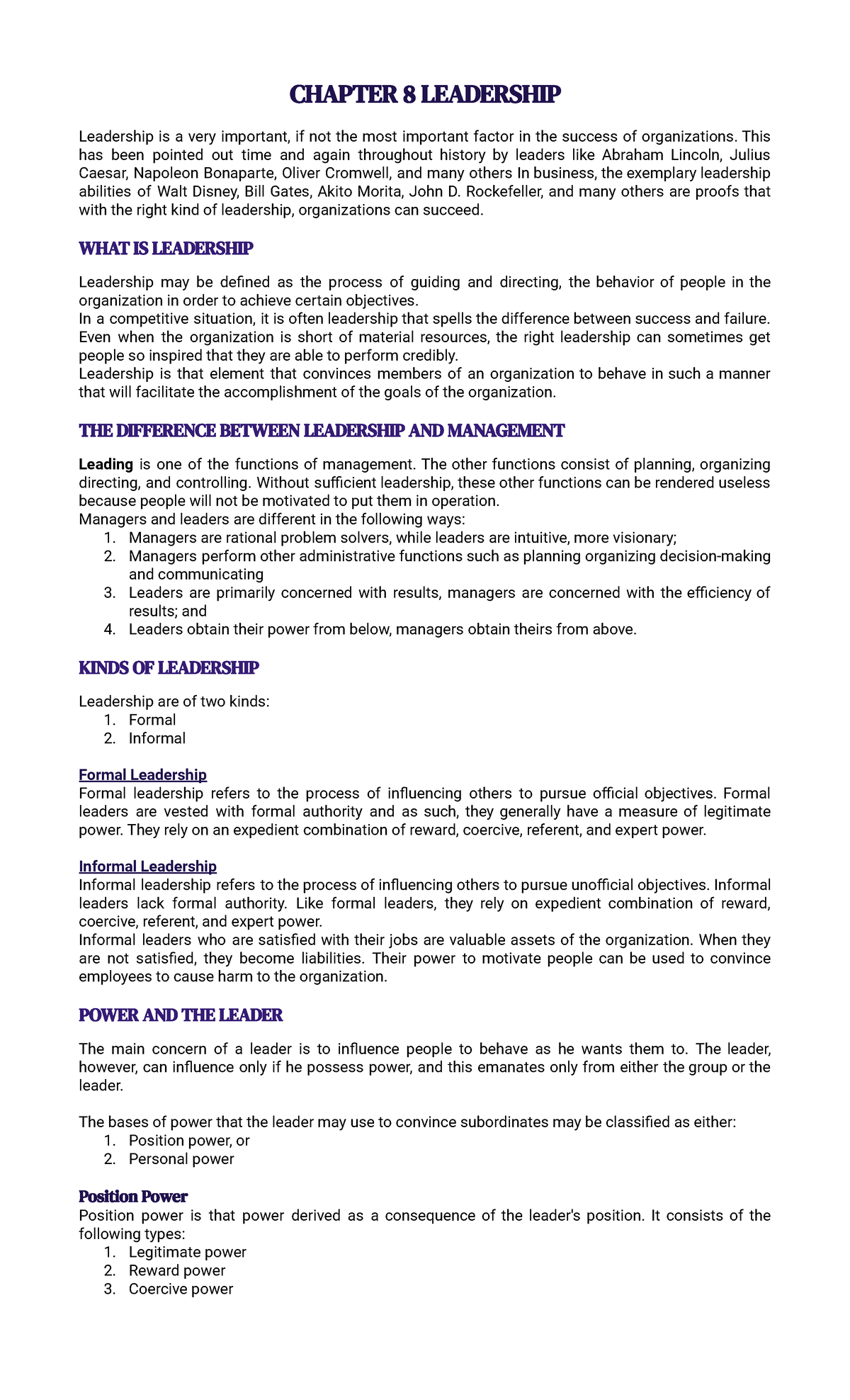 [BA 213] CH 8 Leadership - CHAPTER 8 LEADERSHIP Leadership is a very ...