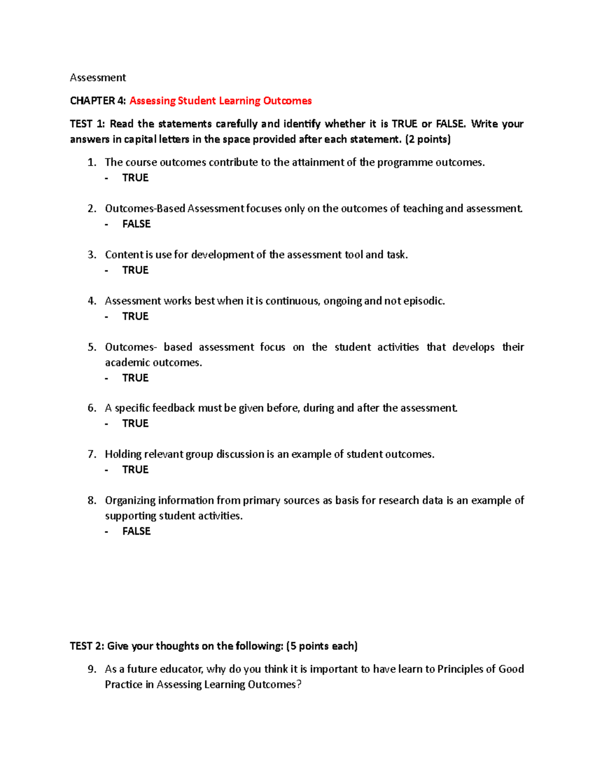 Chapter Test in Competency-Based Assessment - Assessment CHAPTER 4 ...