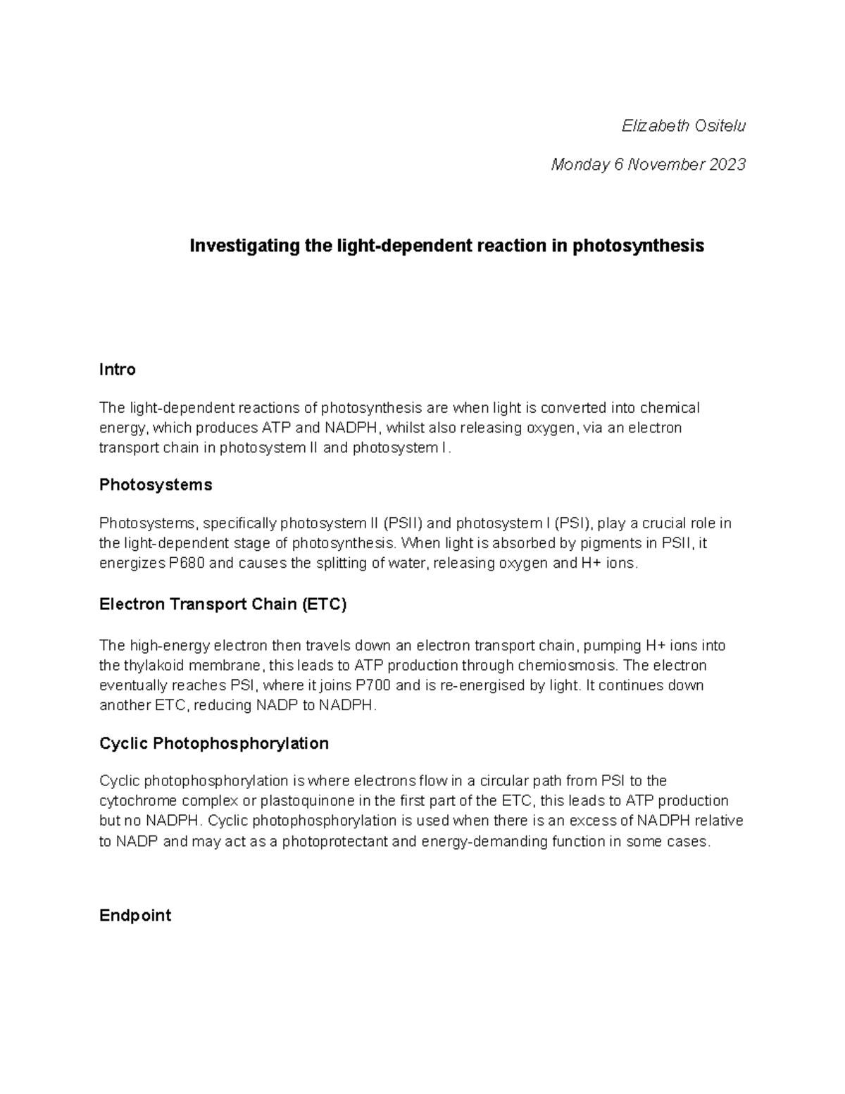Investigating the light-dependent reaction in photosynthesis - Elizabeth Ositelu Monday 6 ...
