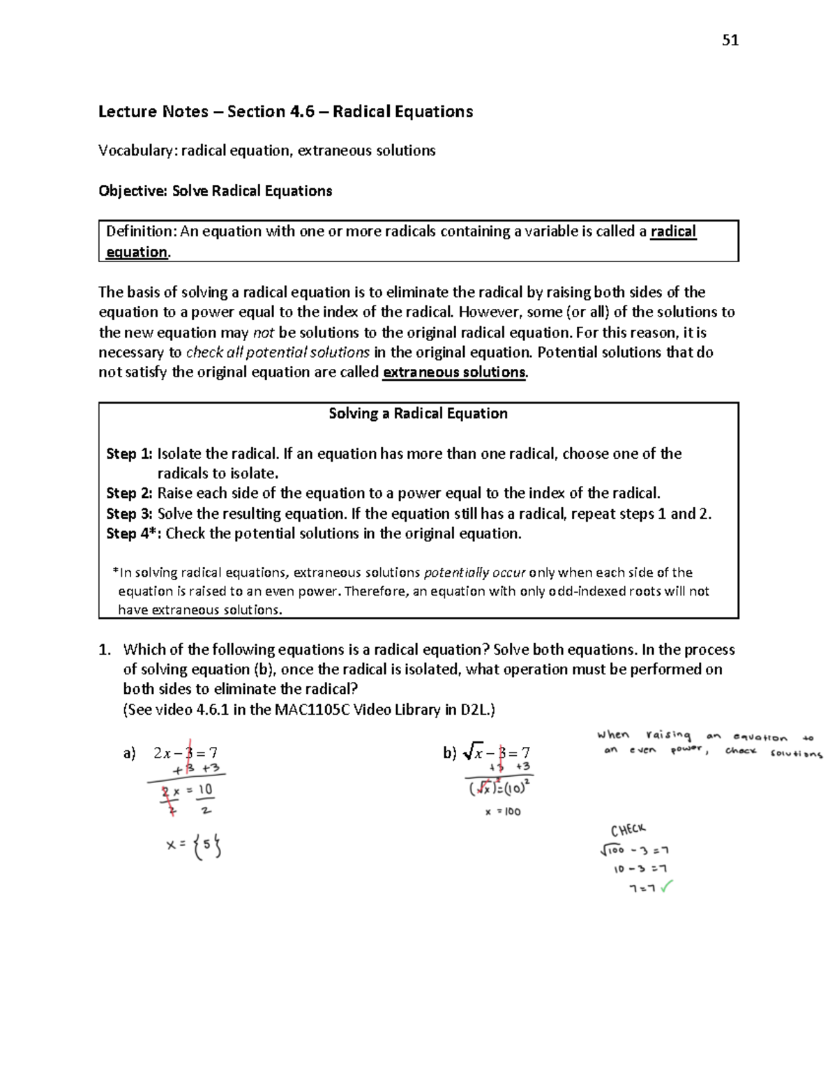 4.6 Lectures Notes - Lecture Notes – Section 4 – Radical Equations ...