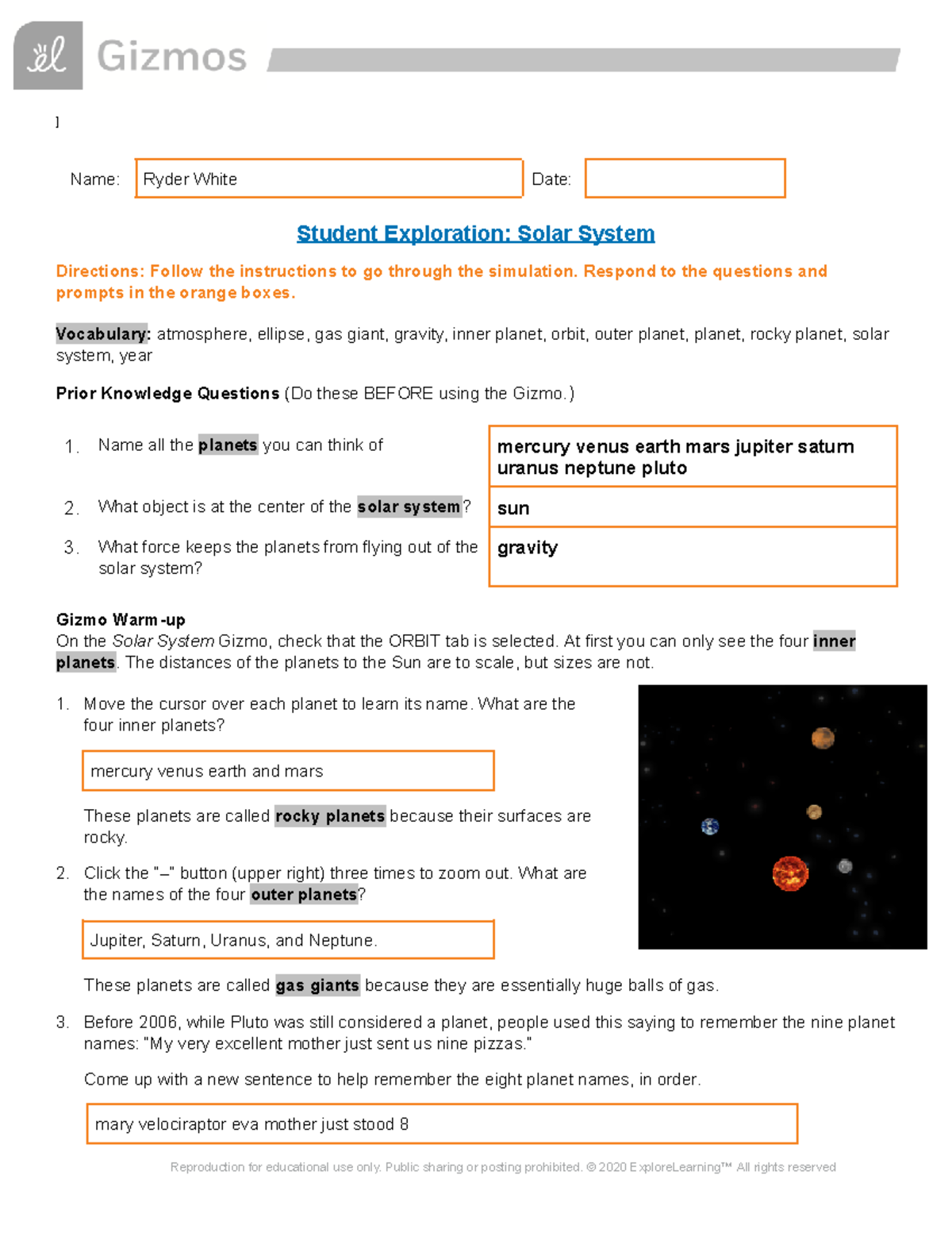 Copy of Copy of Solar System SE - ] Name: Ryder White Date: Student ...