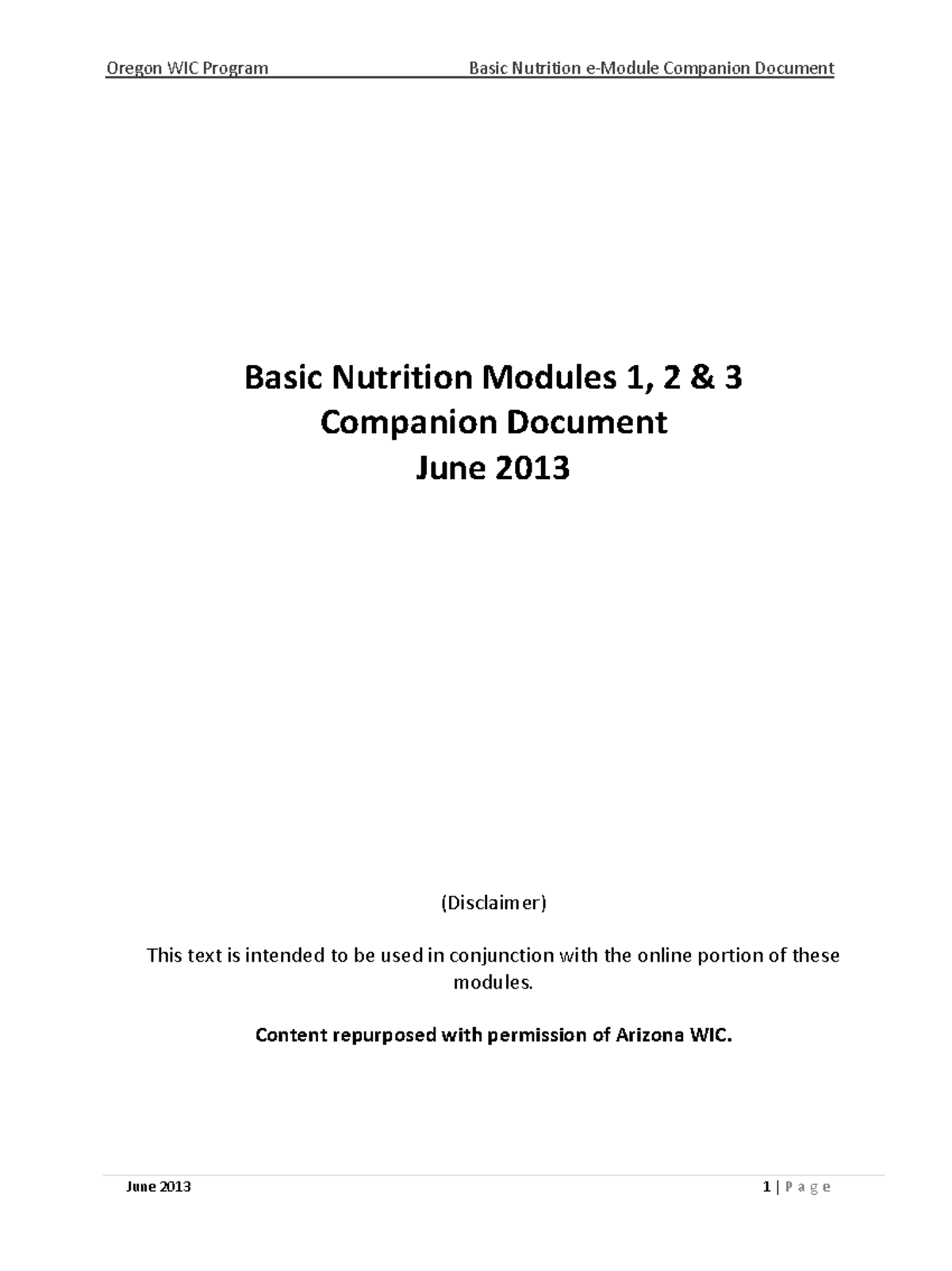 Basic Nutrition Oregon Module - Basic Nutrition Modules 1, 2 & 3 Companion Document June 2013 ...