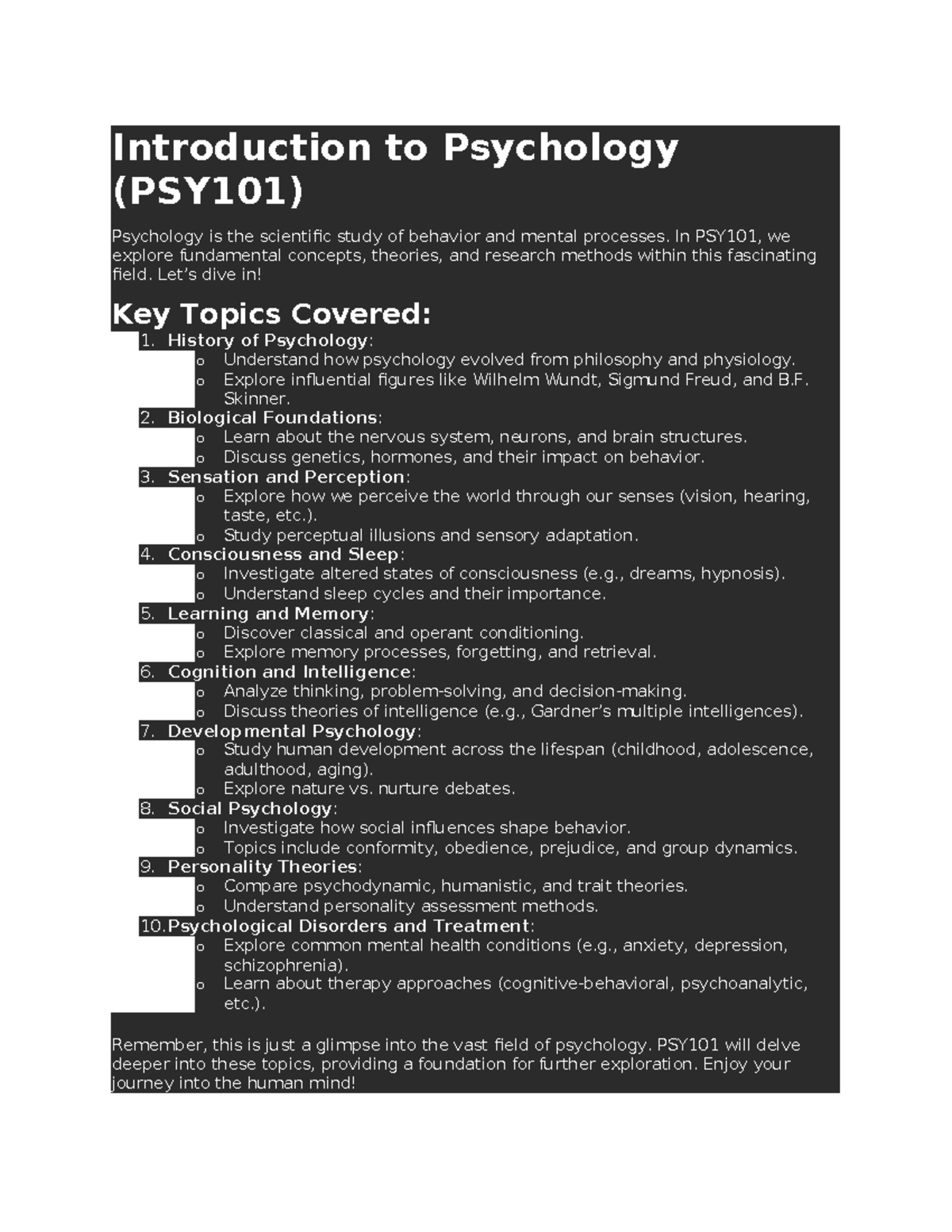 PSY101 - Introduction to Psychology (PSY101) Psychology is the ...