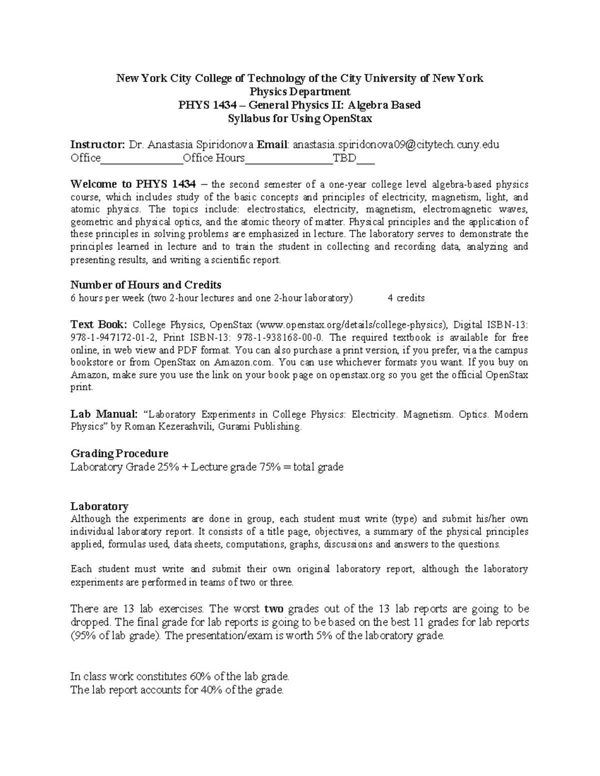 1434 syl - Summary General Physics II: Algebra Based - New York City ...