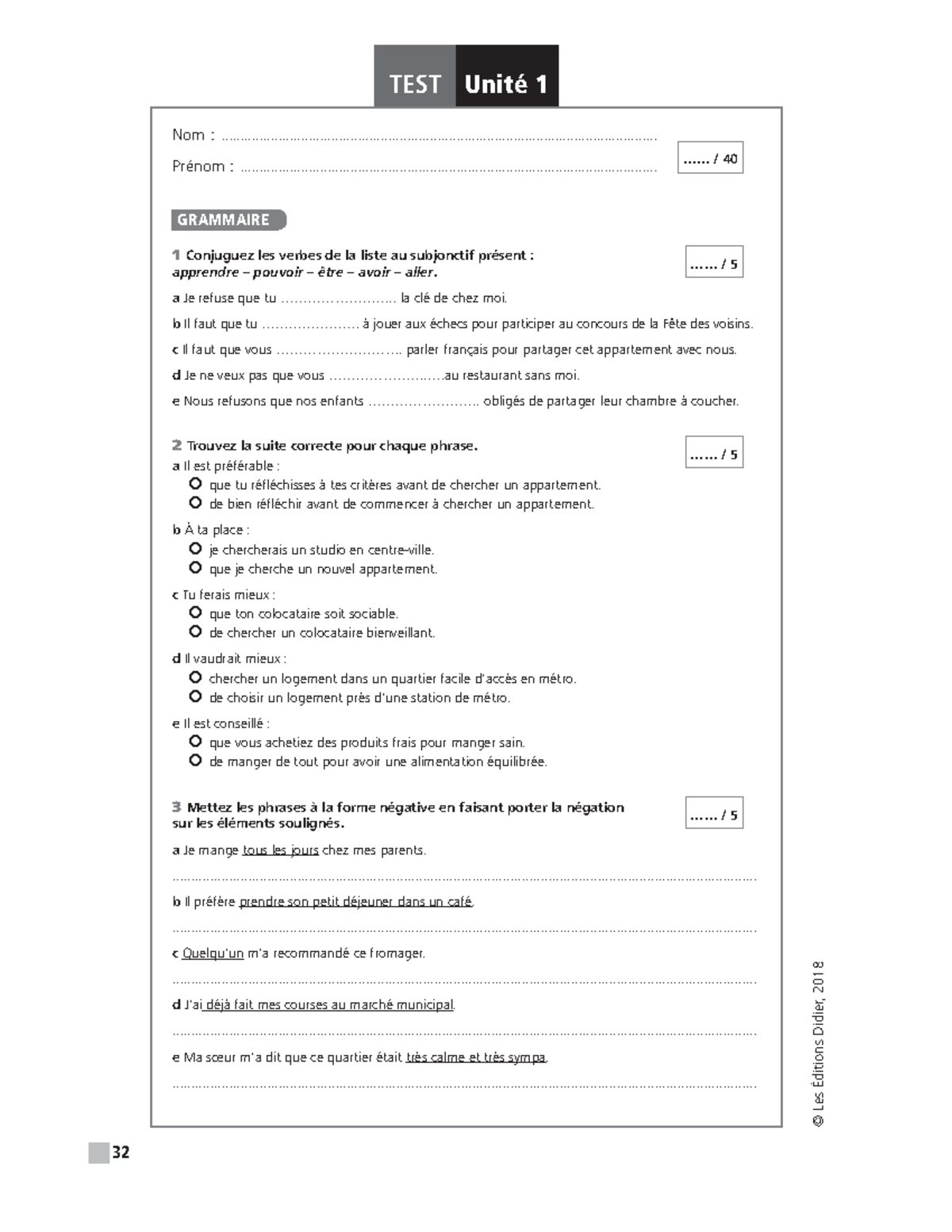 Révision - Unité 1 et 2 (Ejercicio de práctica) - © Les Éditions Didier ...