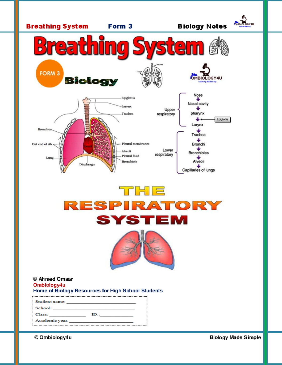 Breathing System Form 3 Biology Notes Ombiology 4u Ahmed Omaar