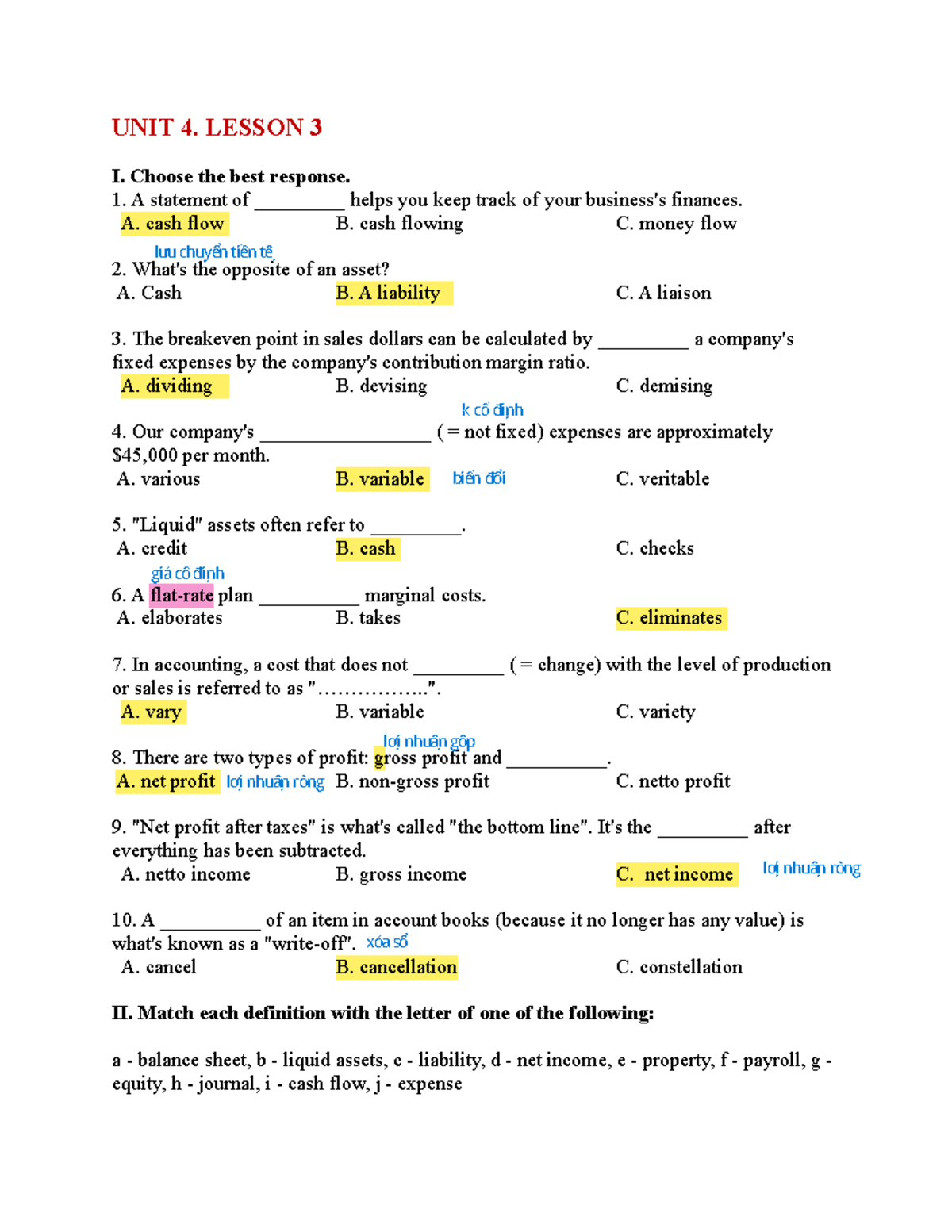 UNIT 4 Lesson 3 Accounting - UNIT 4. LESSON 3 I. Choose the best ...