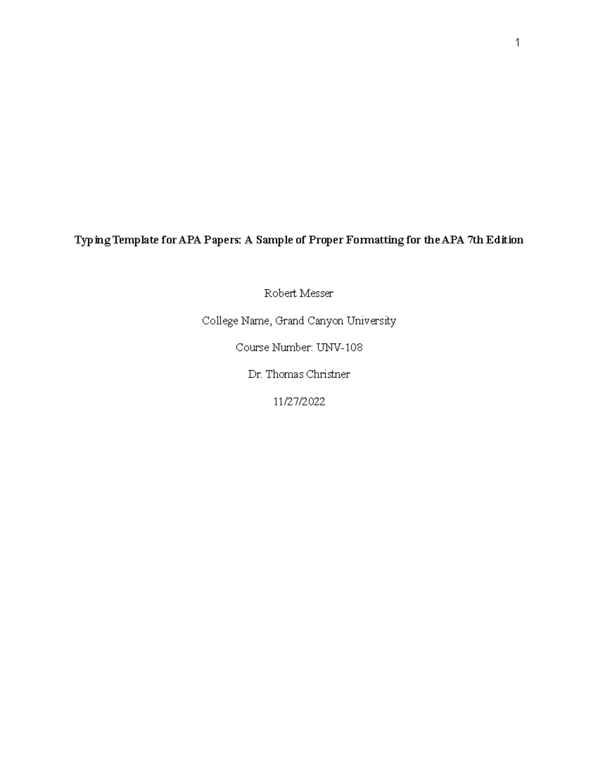 UNV-108 T6-Essay (Turn In) - Typing Template for APA Papers: A Sample ...
