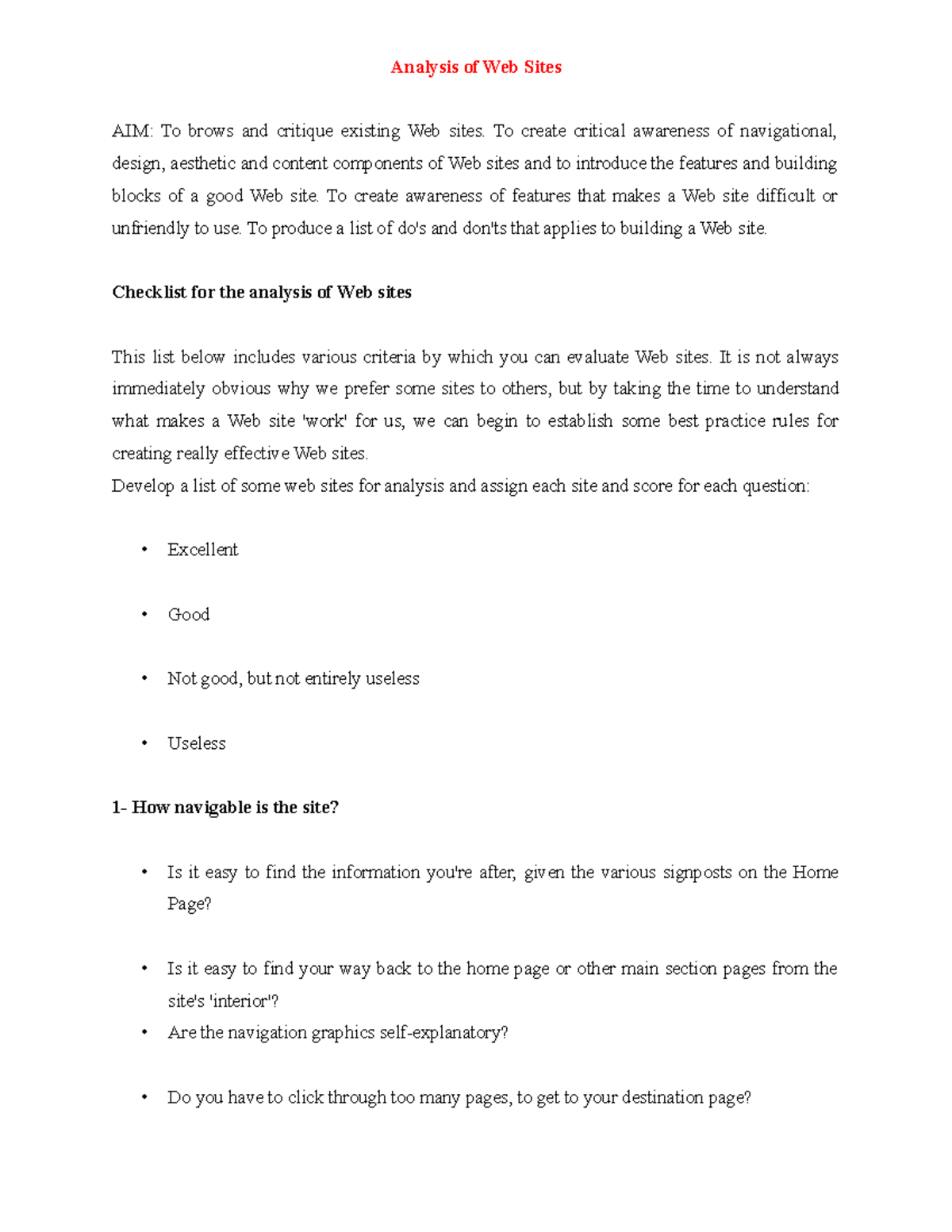 Ch06 Analysis of Web Sites - Analysis of Web Sites AIM: To brows and ...