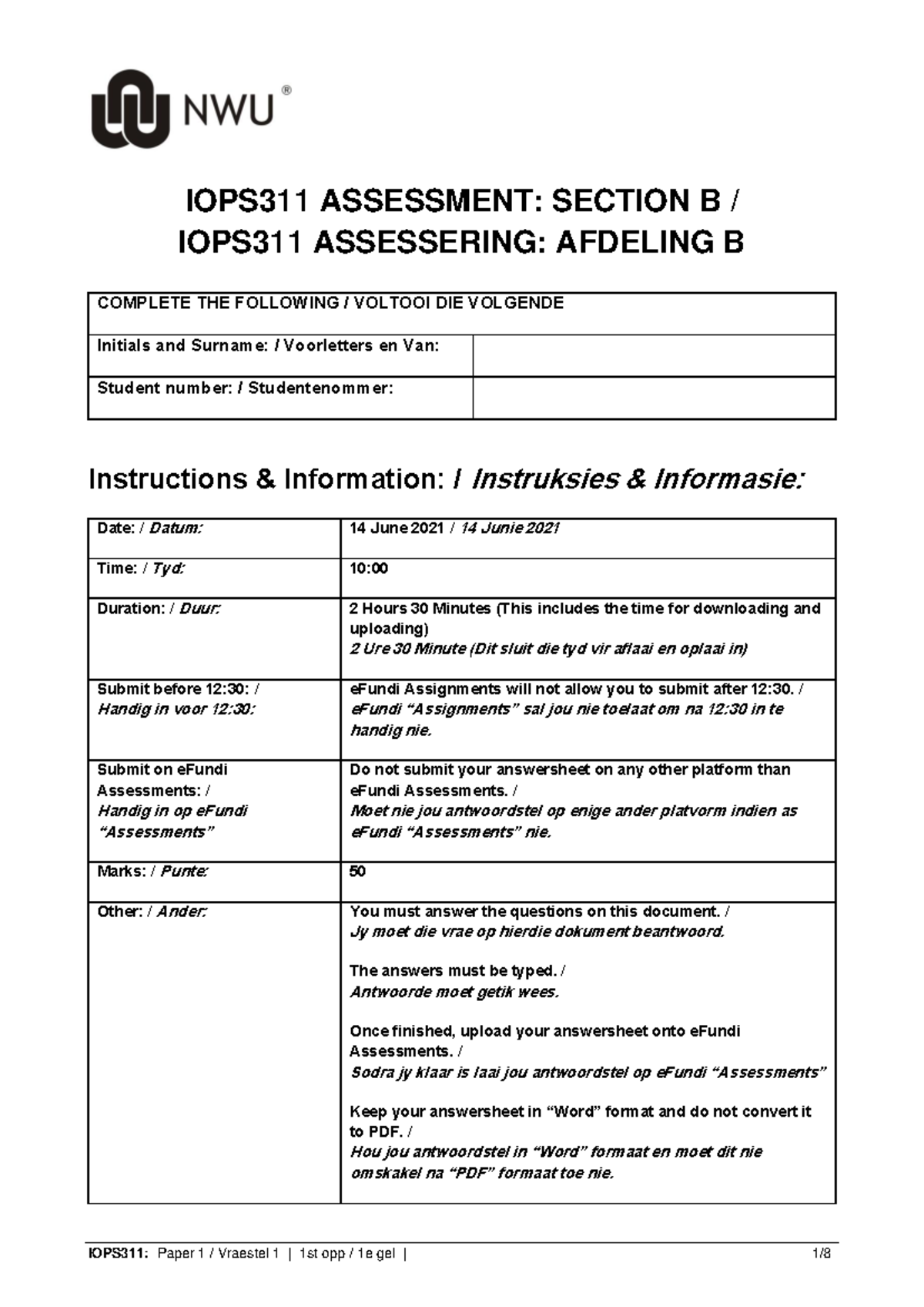 IOPS311 Integrated Assessment 2021 - IOPS311 ASSESSMENT: SECTION B ...
