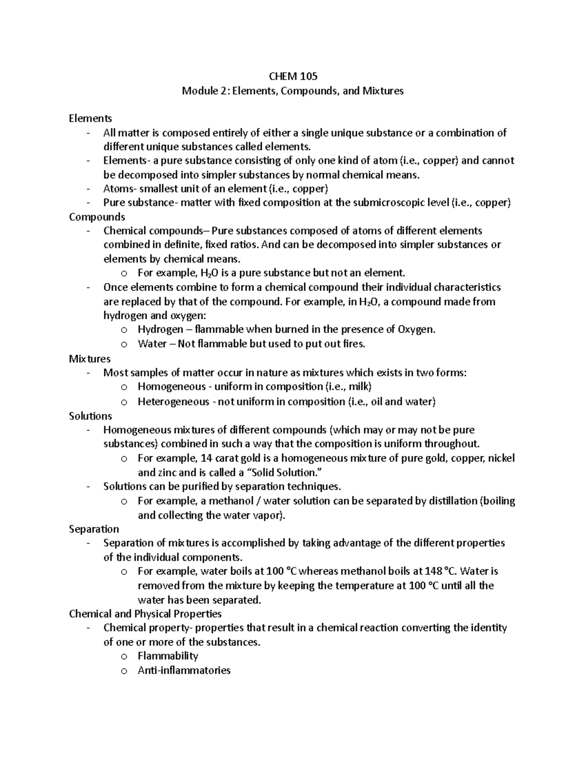 CHEM 105 Module 2 - Elements, Compounds, and Mixtures. All notes from ...