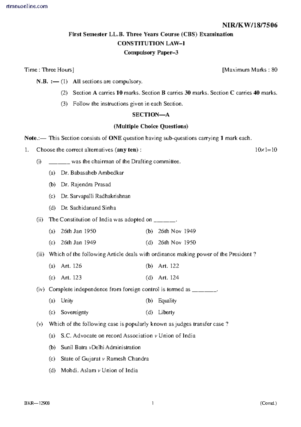 Llb 1 sem constitution law 1 p3 winter 2018 - NIR/KW/18/ First Semester ...
