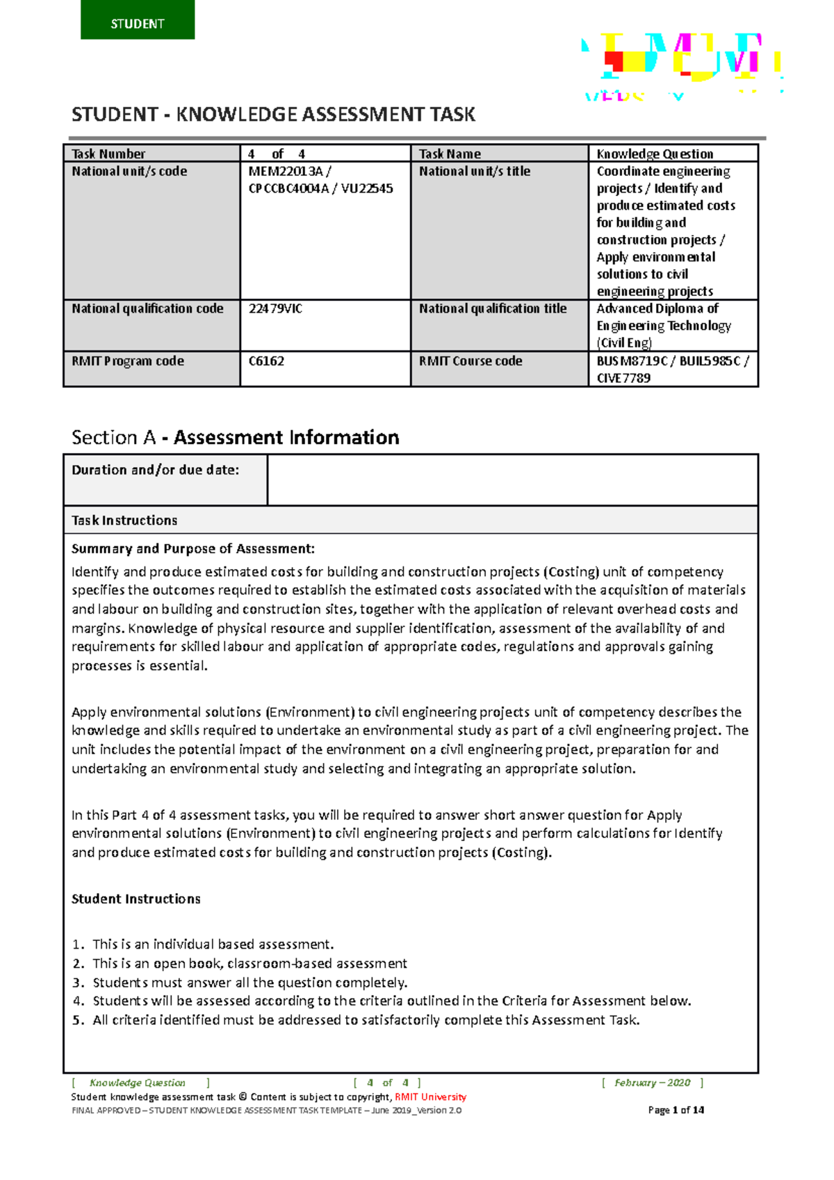 Assessment 4 Knowledge Question-2 - STUDENT - KNOWLEDGE ASSESSMENT TASK Task Number 4 of 4. Task ...