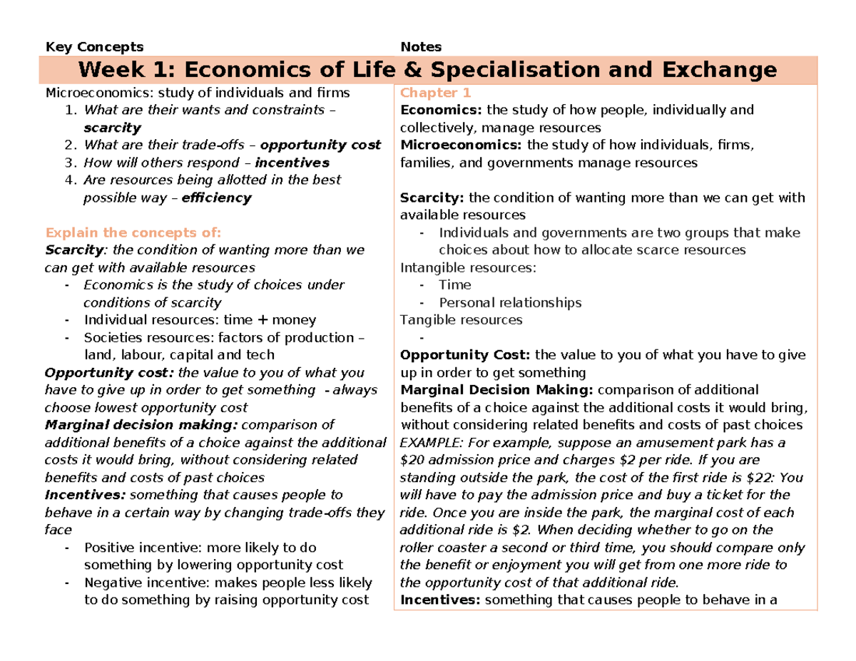 ECON1001 Summaries - Key Concepts Notes Week 1: Economics of Life ...