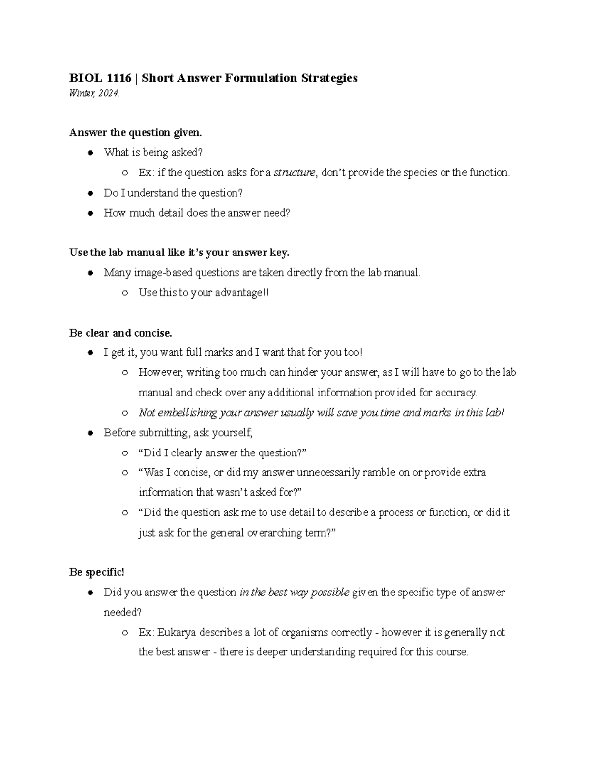 BIOL1116Short Answer Formulation Strategies - BIOL 1116 | Short Answer ...
