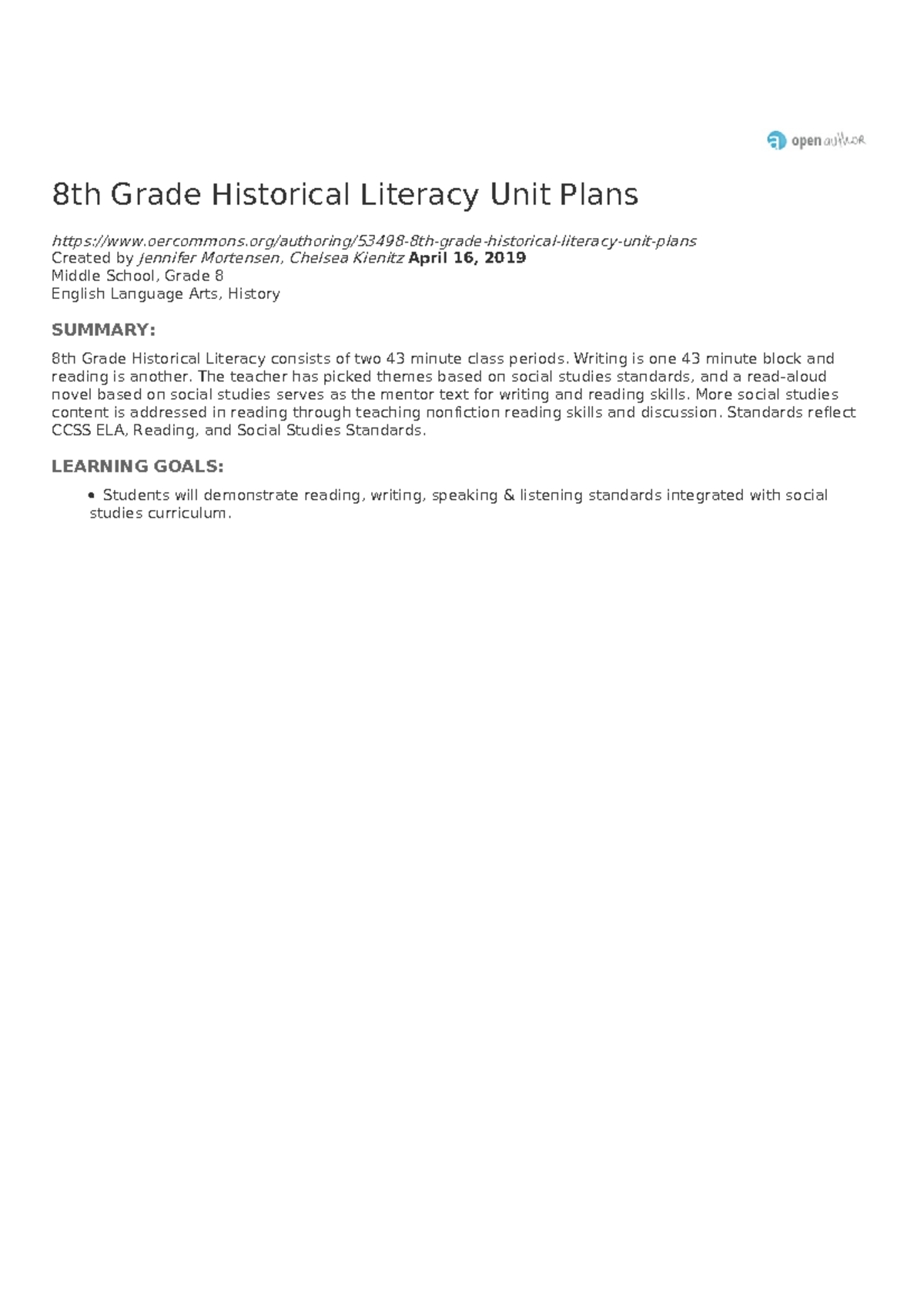 8th Grade Historical Literacy Unit Plans - 8th Grade Historical ...