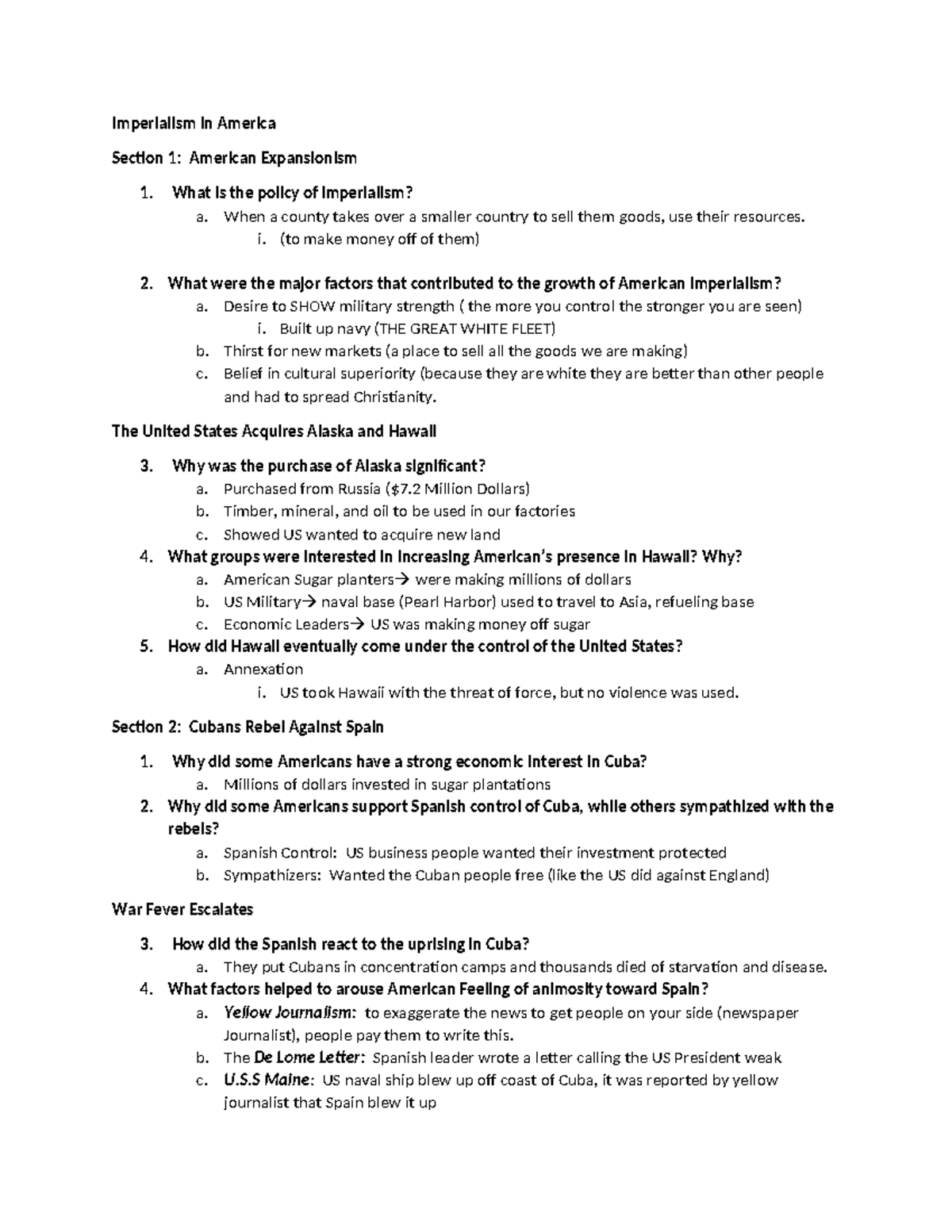 Ch. 10 Focus Notes Answers-1 - Imperialism in America Section 1 ...