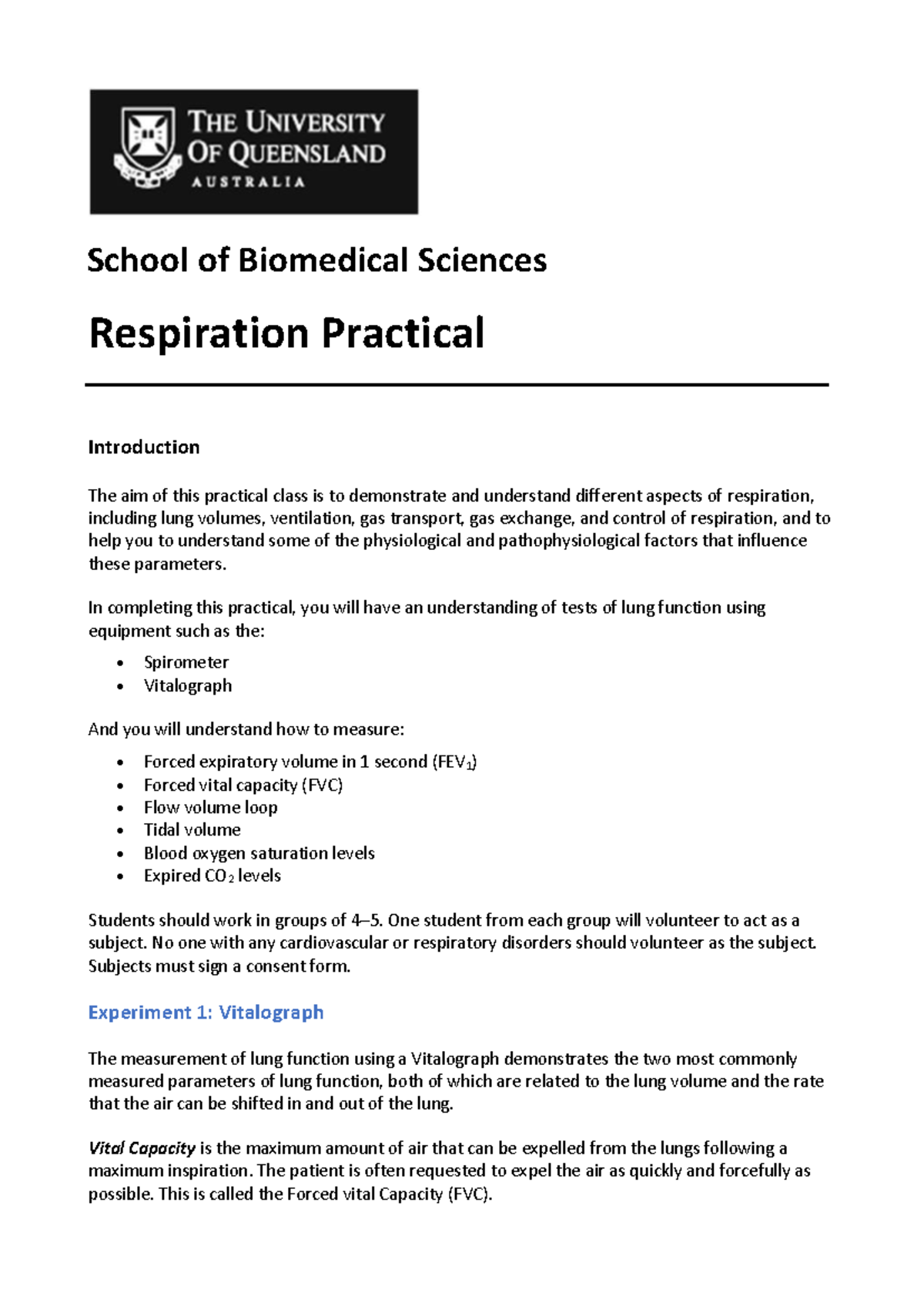 PHYL1007 Respiration Prac Notes 2022 - School of Biomedical Sciences ...