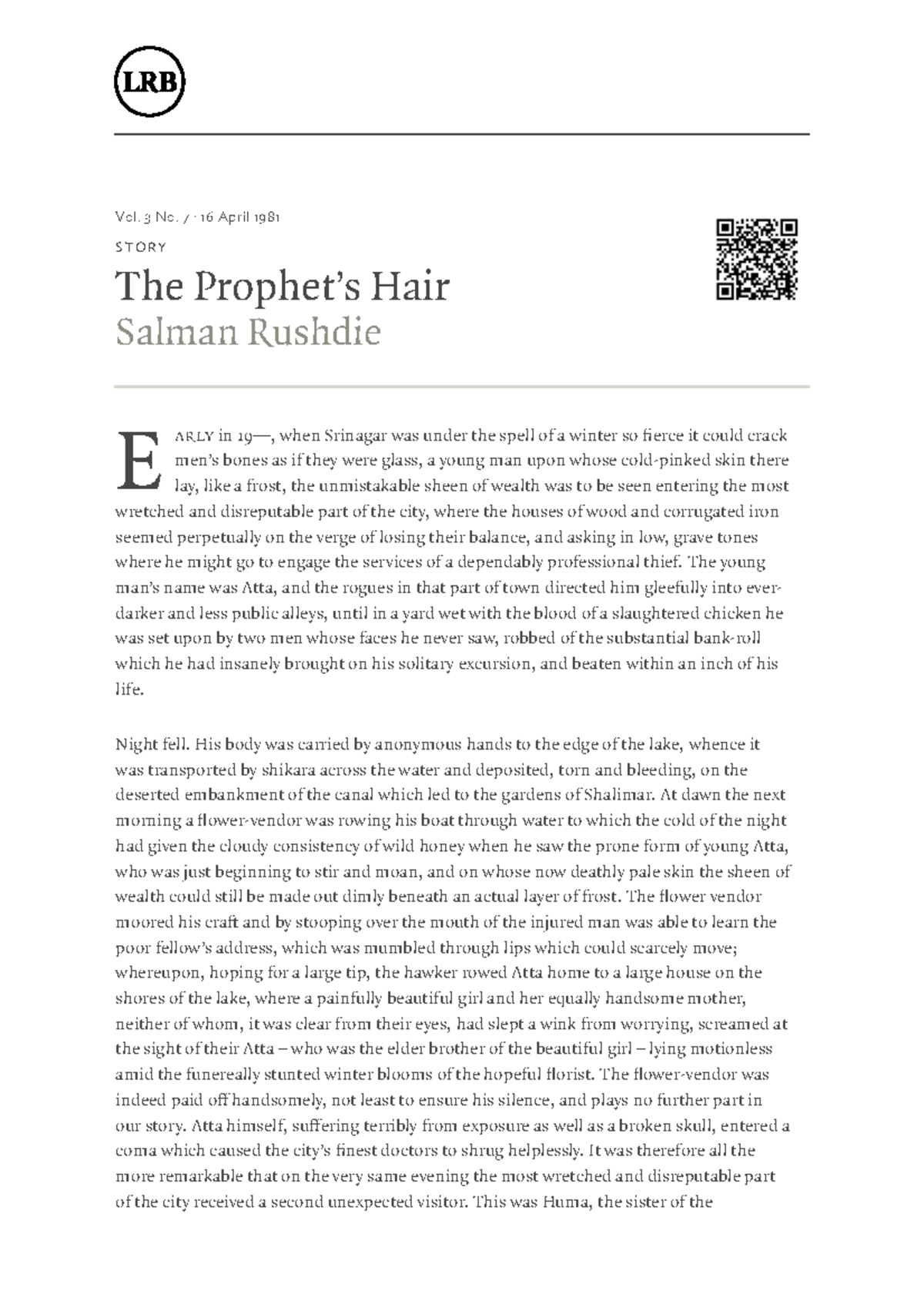 Salman Rushdie · Story ‘The Prophet’s Hair’ · LRB 16 April 1981 - Vol ...