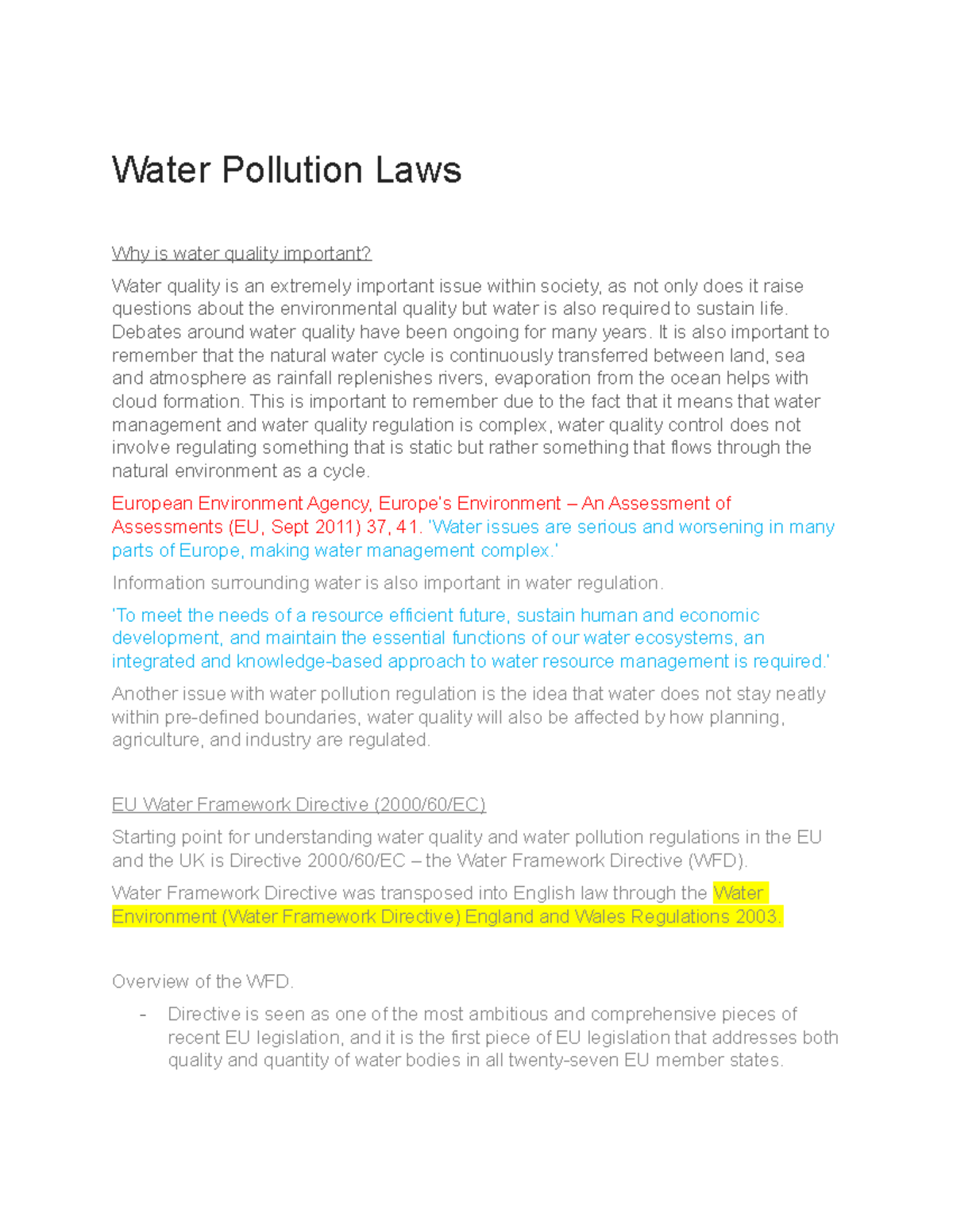 Water Pollution Laws - Lecture notes. - Water Pollution Laws Why is ...