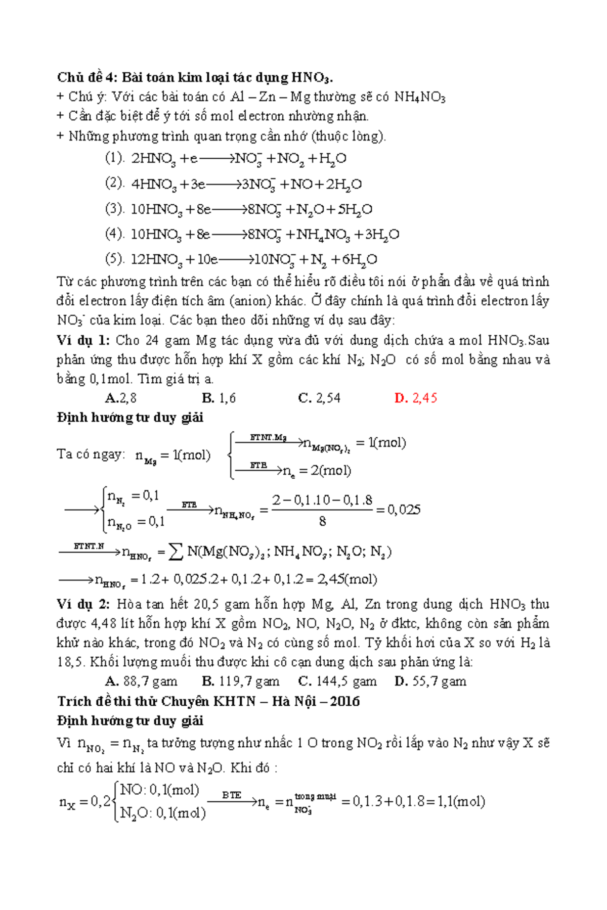 CĐ 4. KL HNO3 - hóa vô cơ ôn thi đh - Chÿ ß 4: Bài toán kim lo¿i tác dÿng HNO 3 . Chú ý: Vßi các ...
