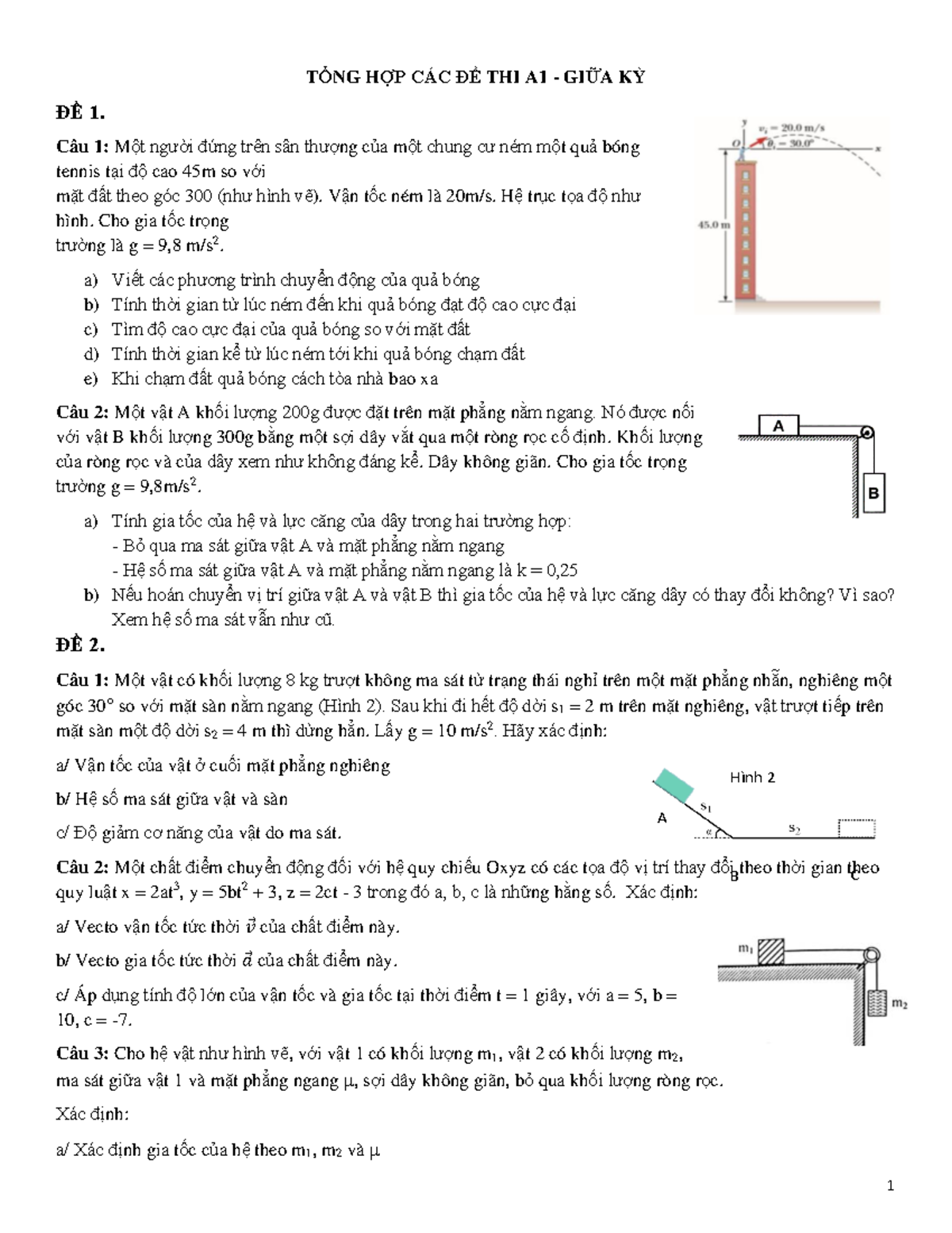 Tong hop cac de Thi VLDC A1-Giua ki - TỔNG HỢP CÁC ĐỀ THI A1 - GIỮA KỲ ĐỀ 1. Câu 1: Một người ...