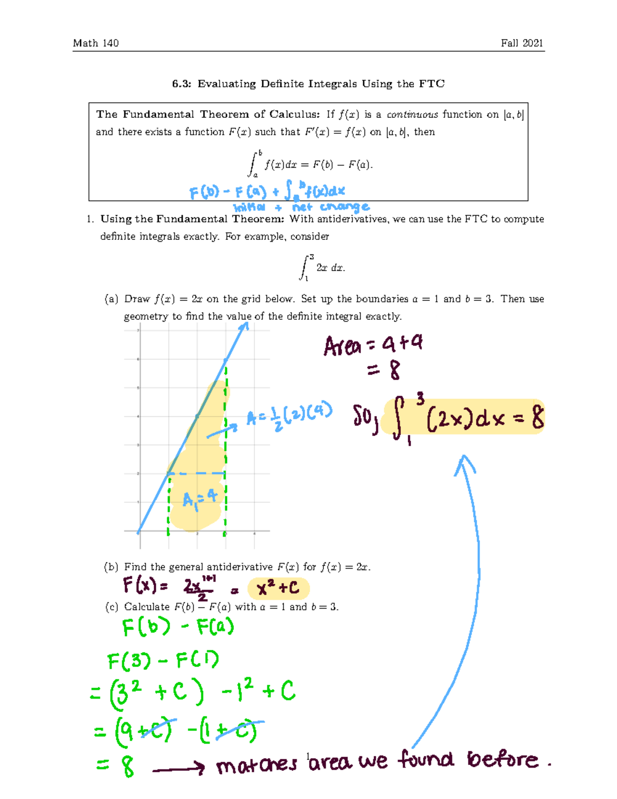 6.3 lecture notes- math 140 - 6: Evaluating Definite Integrals Using ...