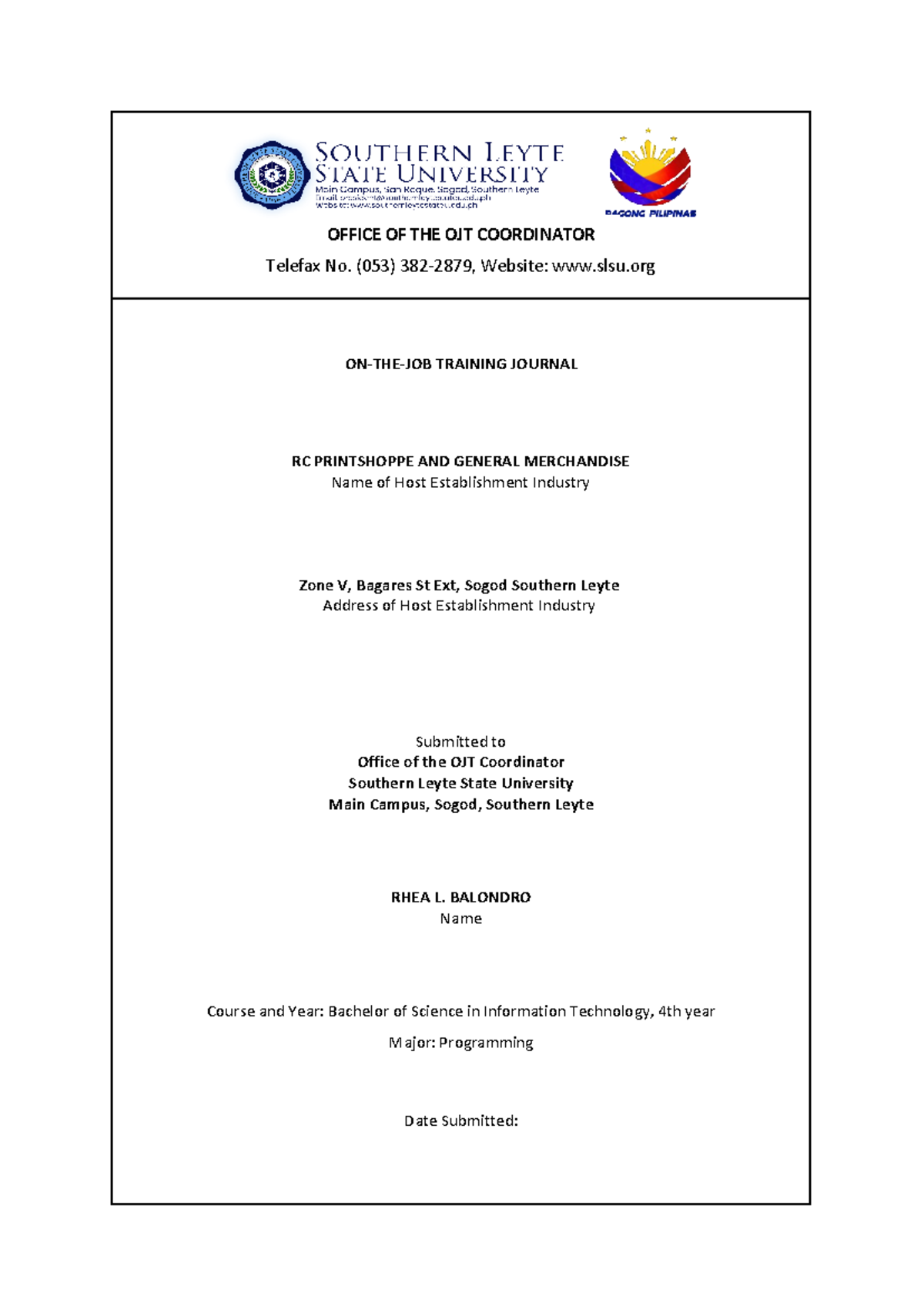 Rheas-Journal.docx - Uwu - OFFICE OF THE OJT COORDINATOR Telefax No ...