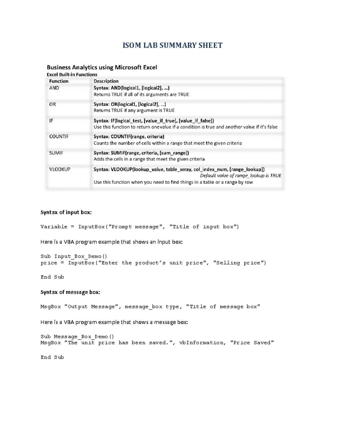 ISOM LAB Summary Sheet - useful for exam - ISOM LAB SUMMARY SHEET ...