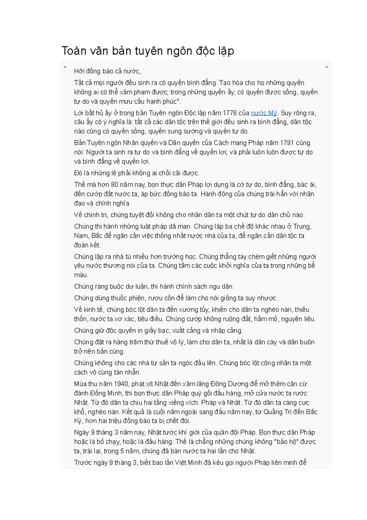 Tuyen NGON DOC LAP - HELLO - Toàn văn bản tuyên ngôn độc lập “ Hỡi đồng bào cả nước, Tất cả mọi ...