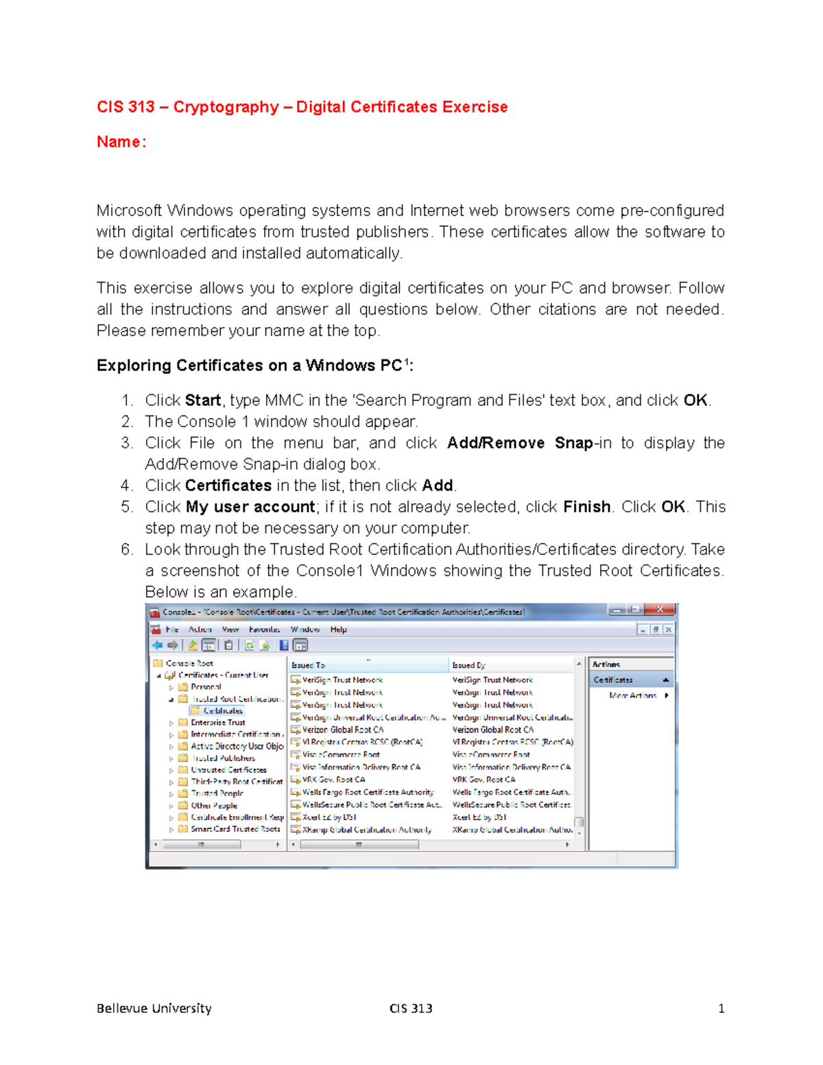 313Digital Certificates Exercise - CIS 313 – Cryptography – Digital ...