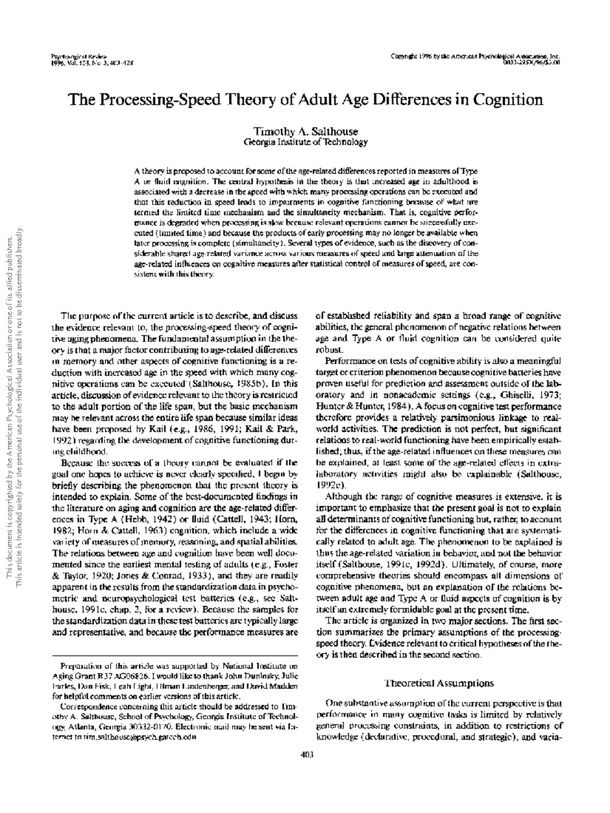 Timothy A. Salthouse - Psychological Review 1996, Vol. 103, No. 3 ...