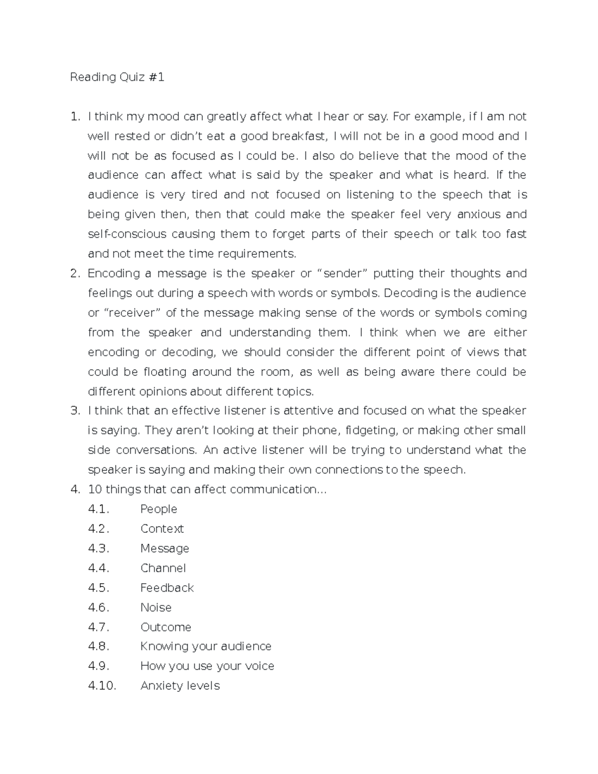 Reading Quiz 1 - Quiz from book. - Reading Quiz # I think my mood can ...