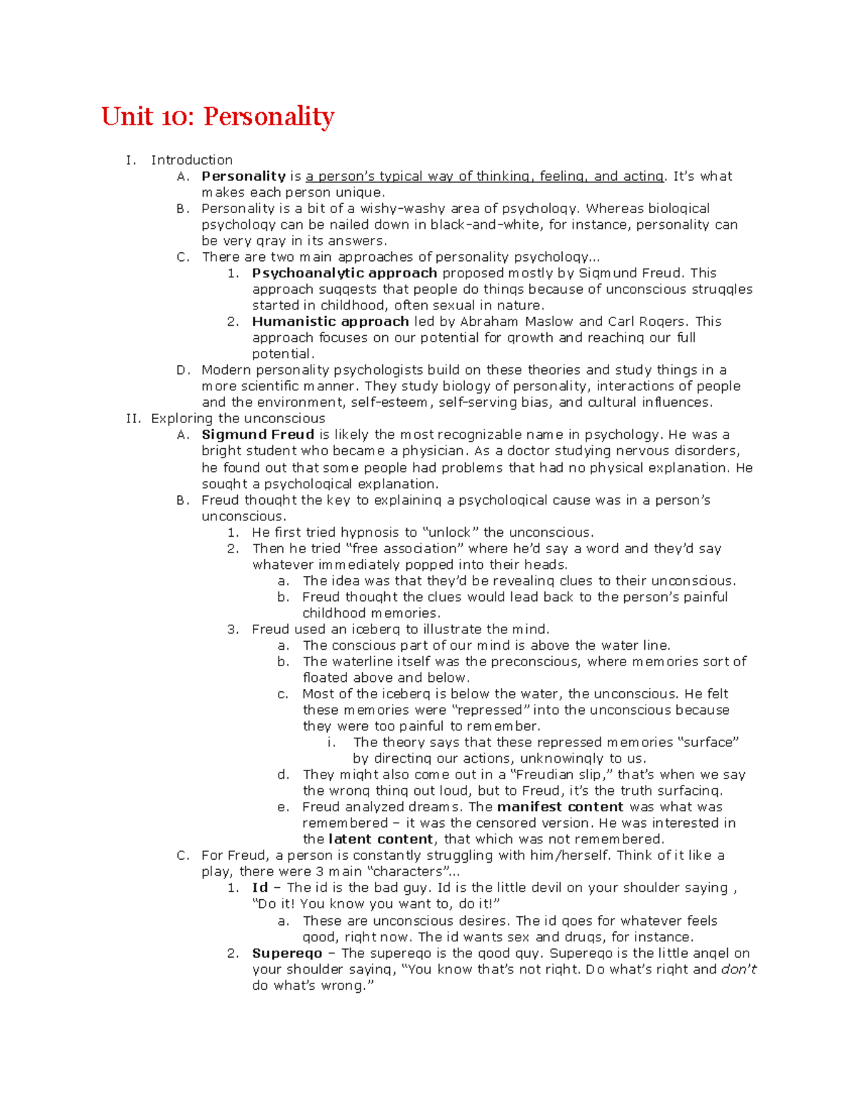 Myers Personality notes - Unit 10: Personality I. Introduction A ...