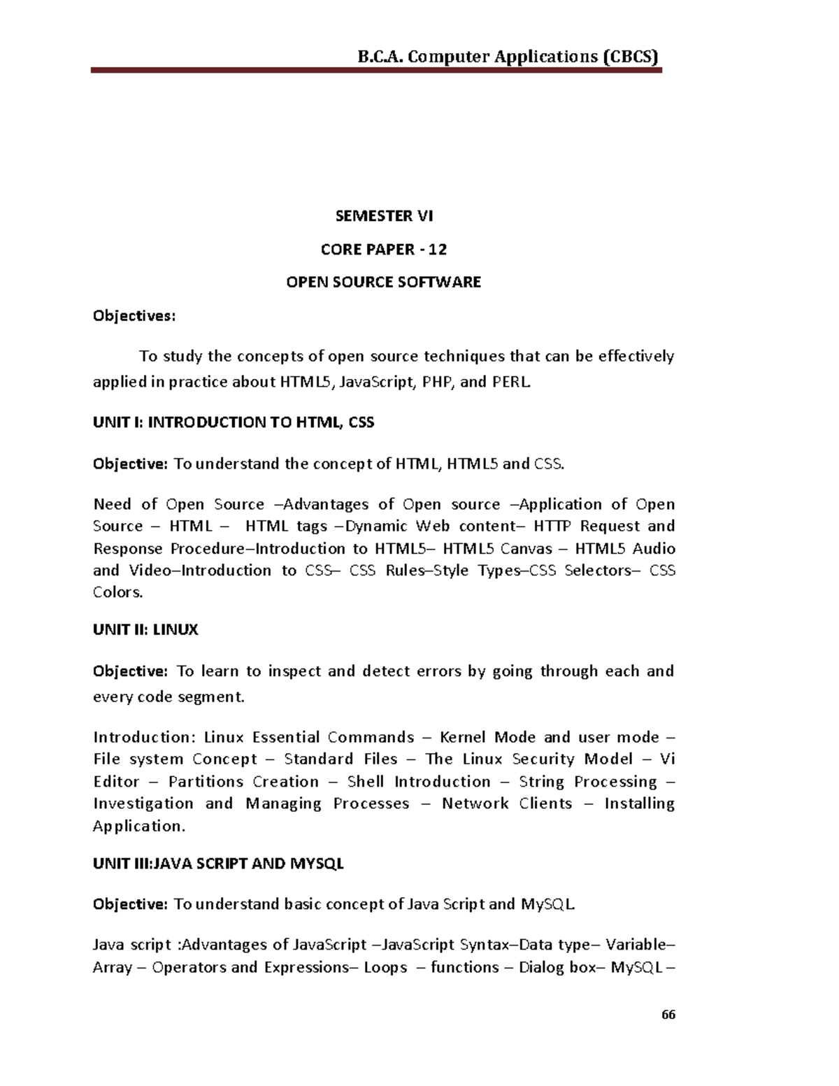 SEM 6 BCA - syllabus - SEMESTER VI CORE PAPER - 12 OPEN SOURCE SOFTWARE ...