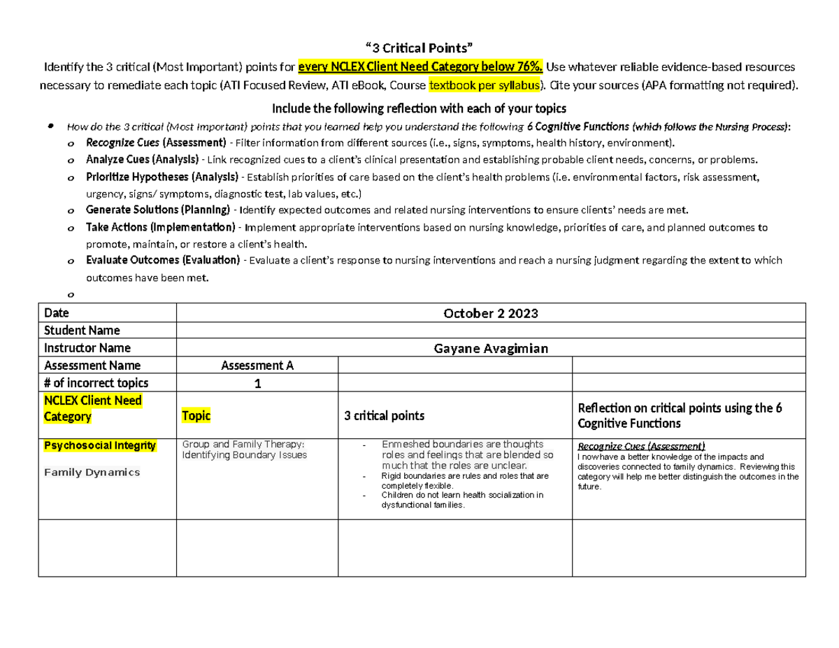 Remediation B - “3 Critical Points” Identify the 3 critical (Most ...