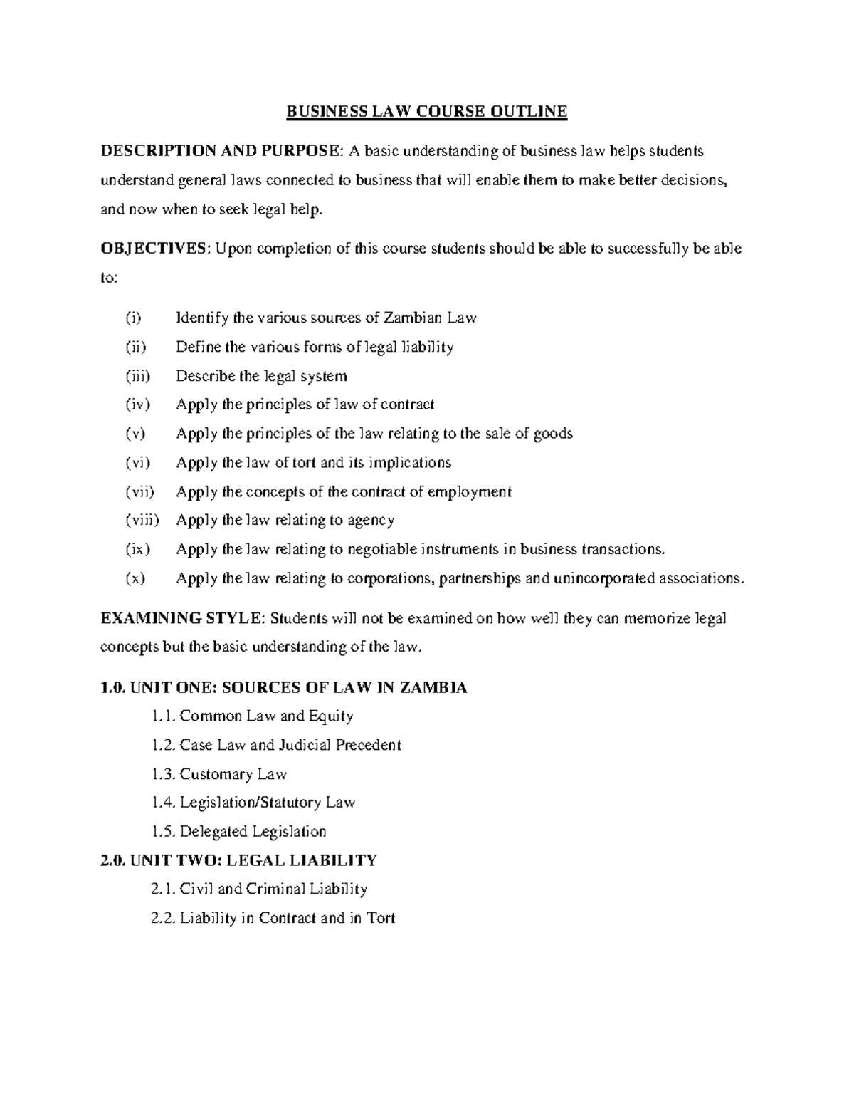 Business LAW Course Outline DBA-Marketing - BUSINESS LAW COURSE OUTLINE ...