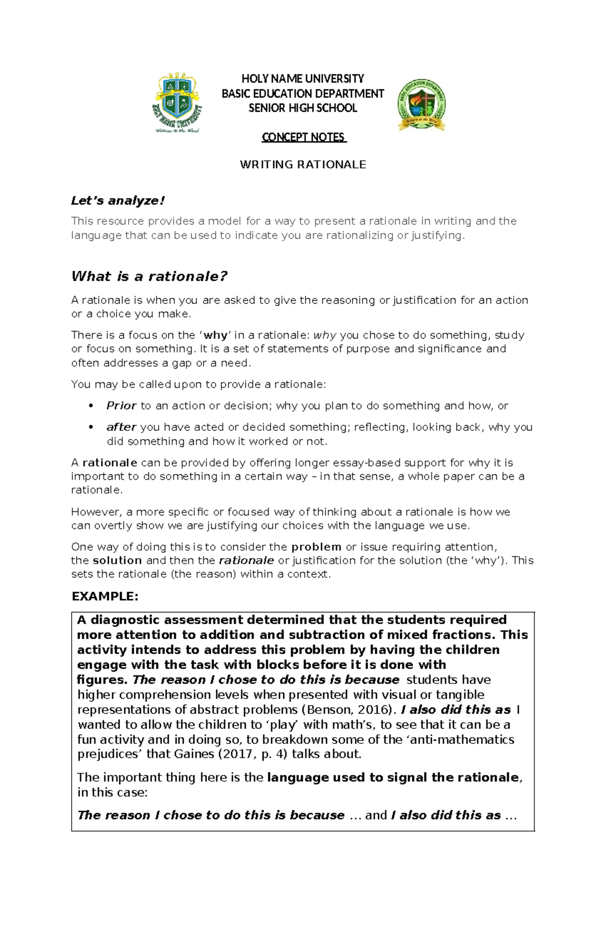 Writing Rationale - HOLY NAME UNIVERSITY BASIC EDUCATION DEPARTMENT ...