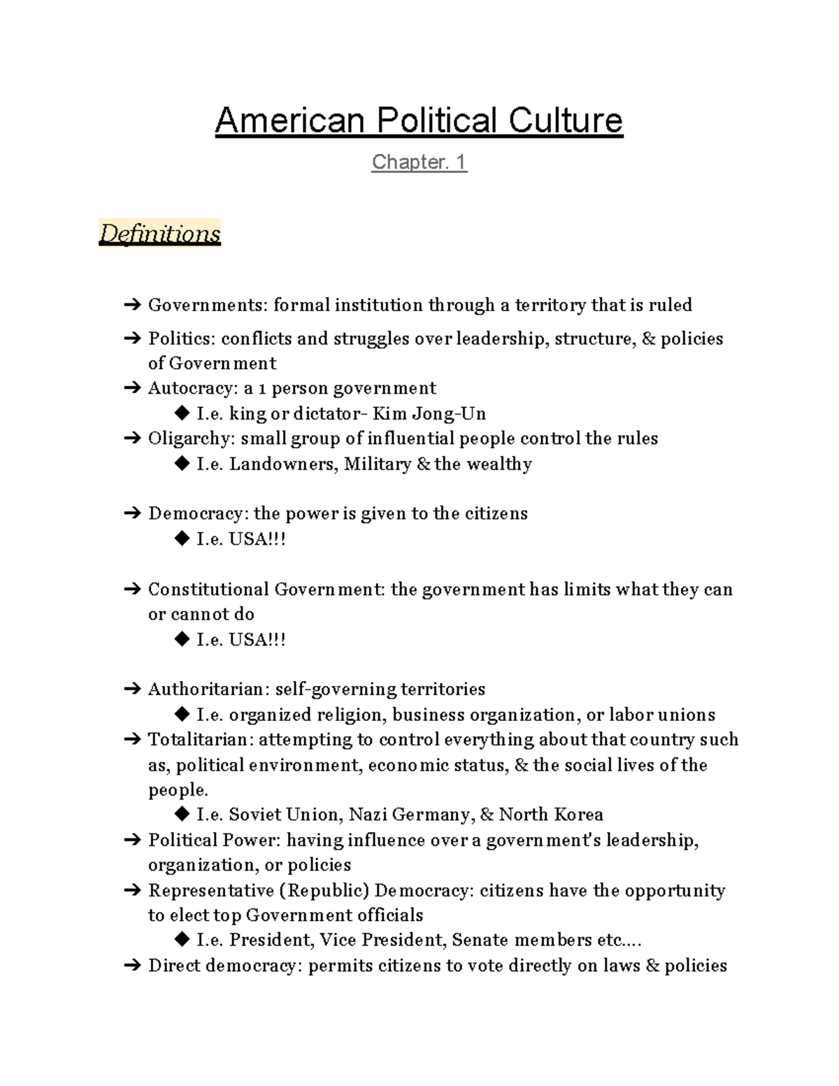 US Gov. Chap. 1 - This is a first day for US government summary. A ...