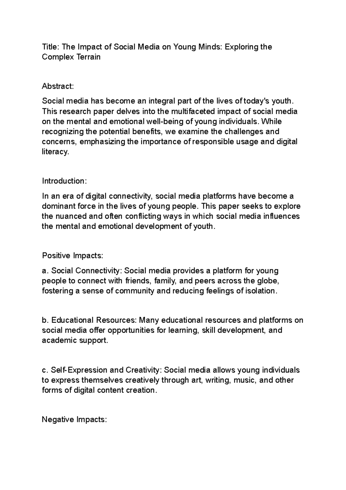 The Impact of Social Media on Young Minds - This research paper delves ...