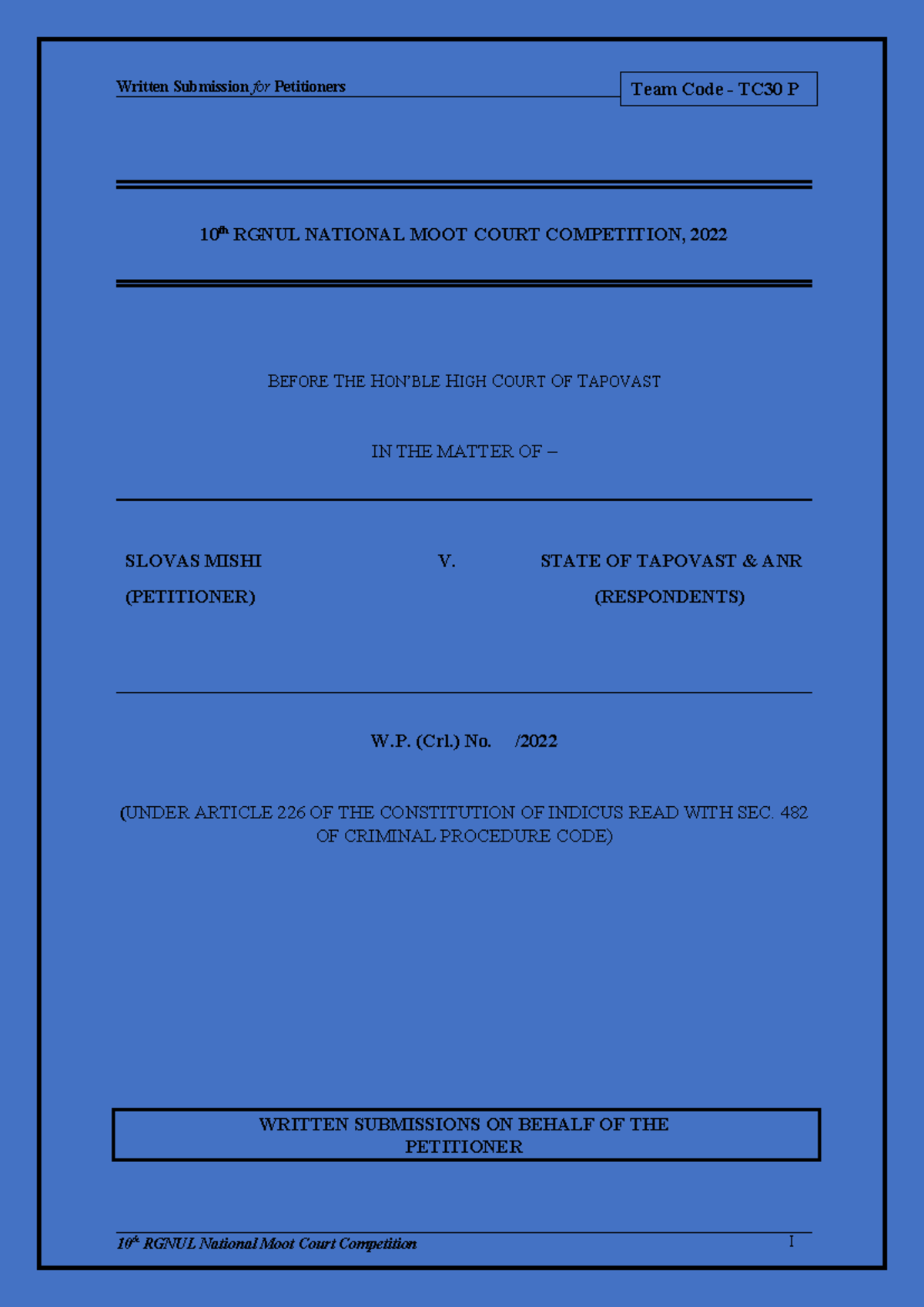 Moot Memorial Written Submission - WRITTEN SUBMISSION ON BEHALF OF THE ...