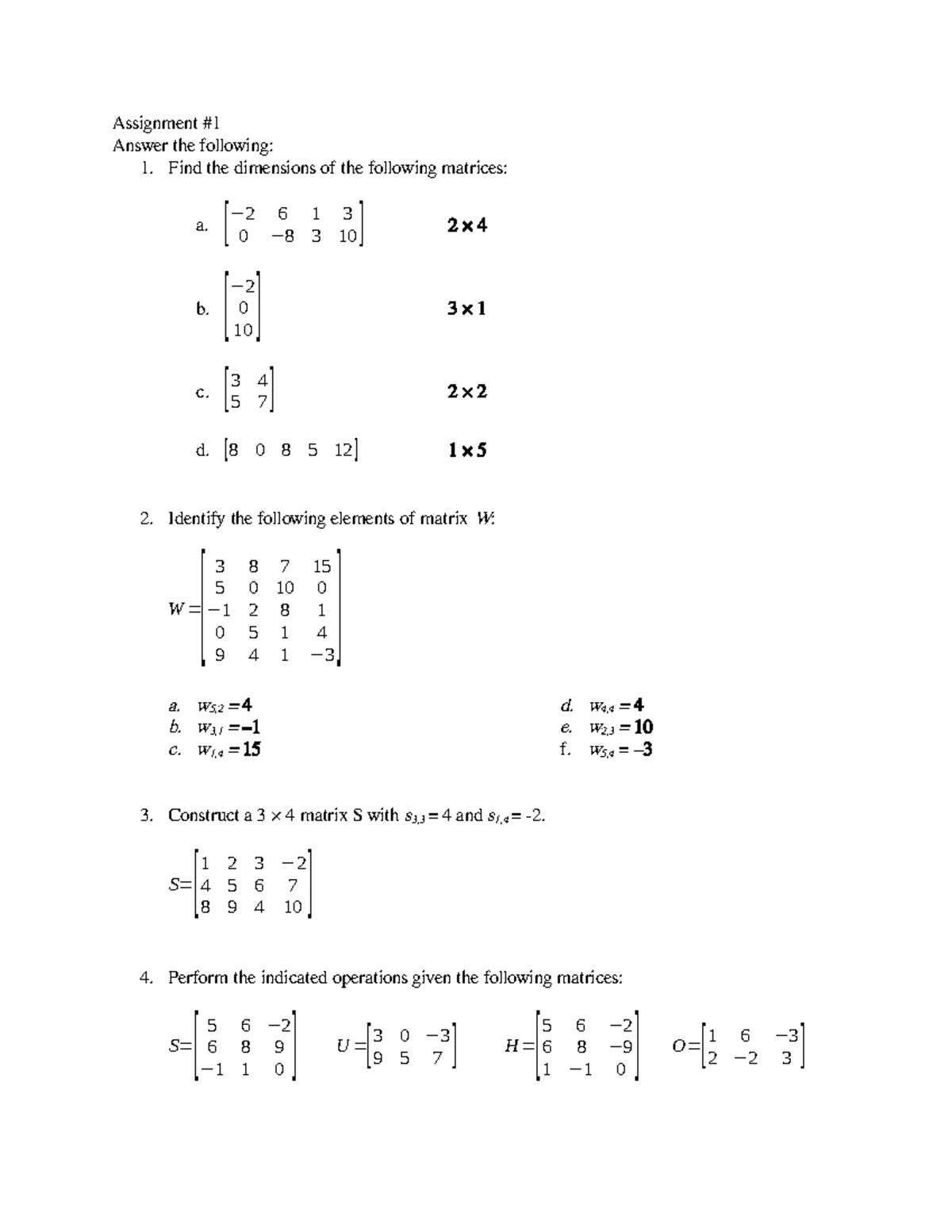 Matrices-Assignment - Assignment on Matrices - Assignment # Answer the following: Find the - Studocu