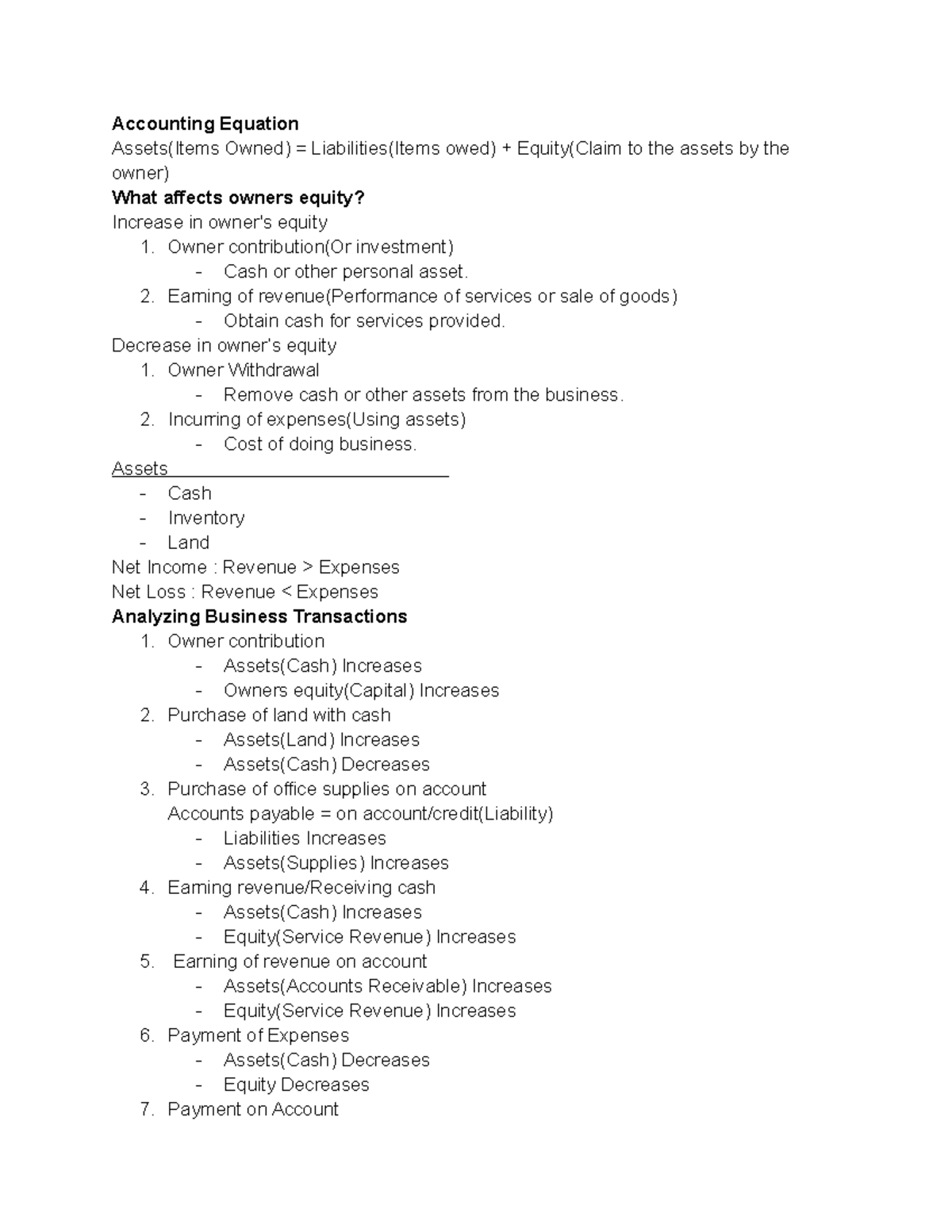 Accounting Basics - Lecture notes 1 - Accounting Equation Assets(Items ...