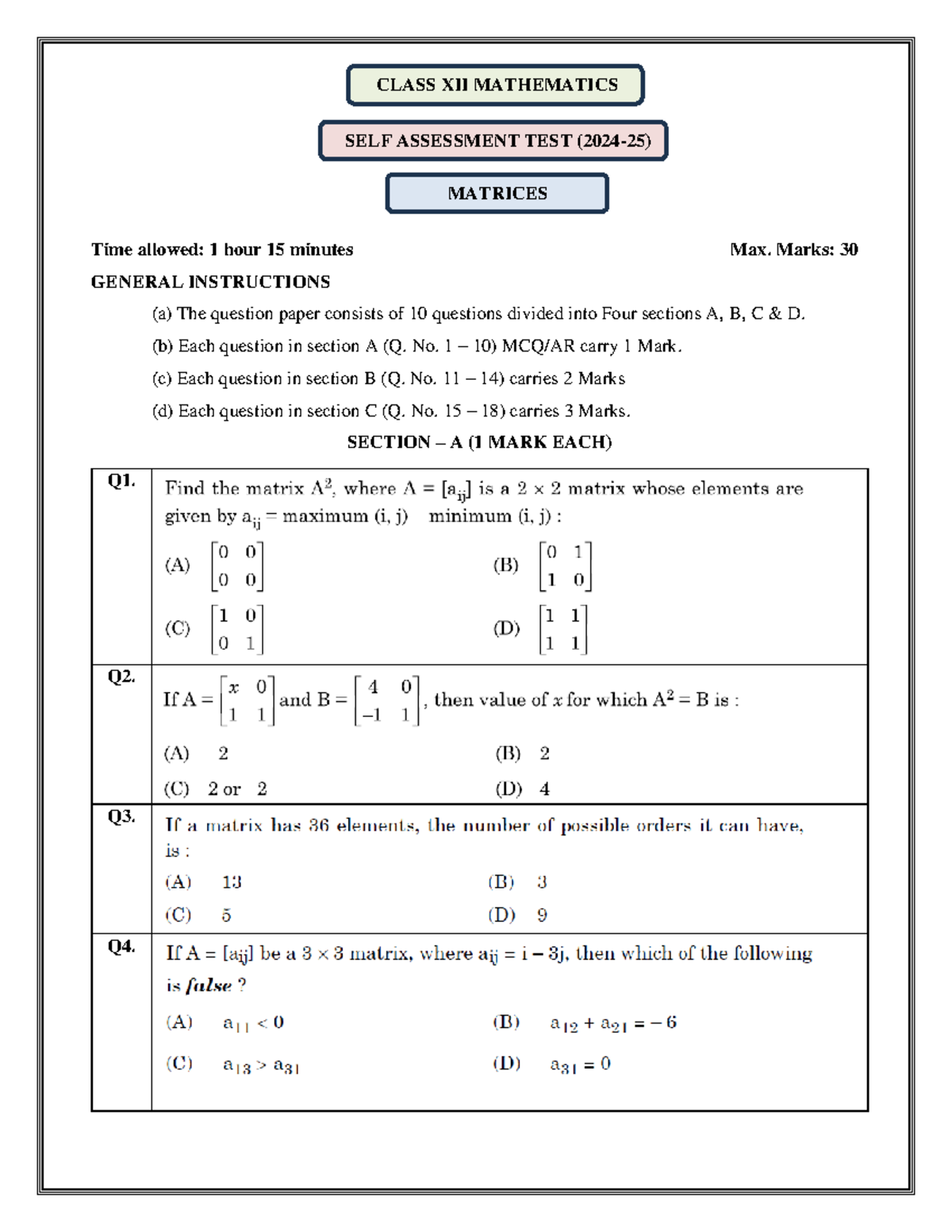 Matrices assessment - Time allowed: 1 hour 15 minutes Max. Marks: 30 ...