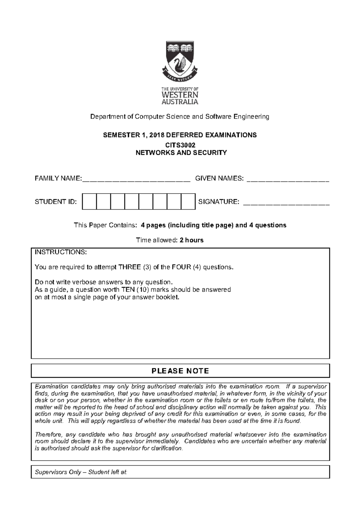 Sem 1 Supplementary Exam - Department of Computer Science and Software ...